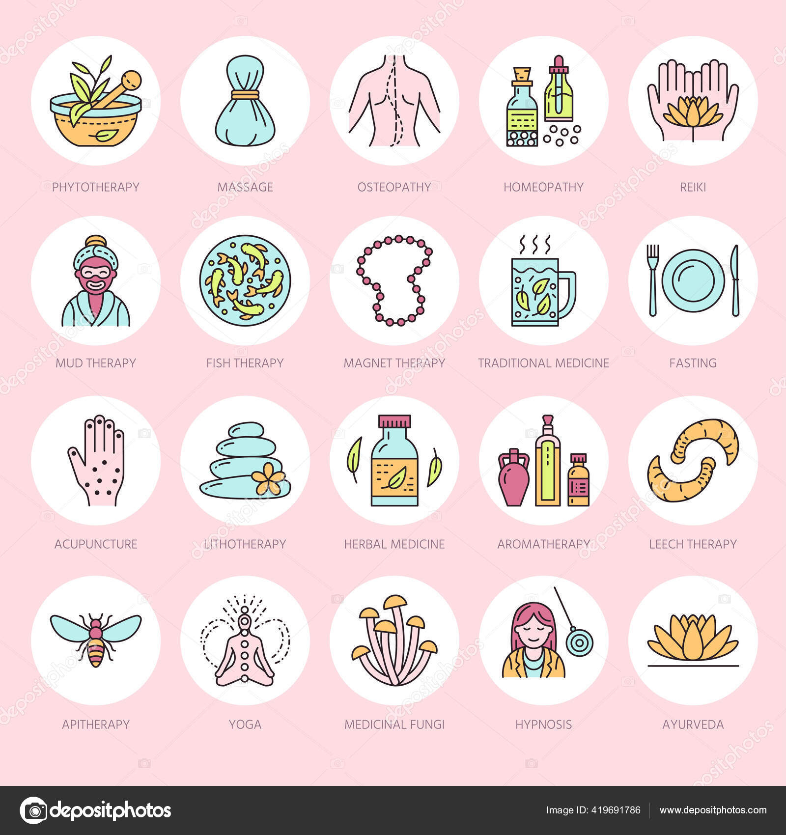 Alternative Medicine Line Icons Naturopathy Traditional Treatment ...