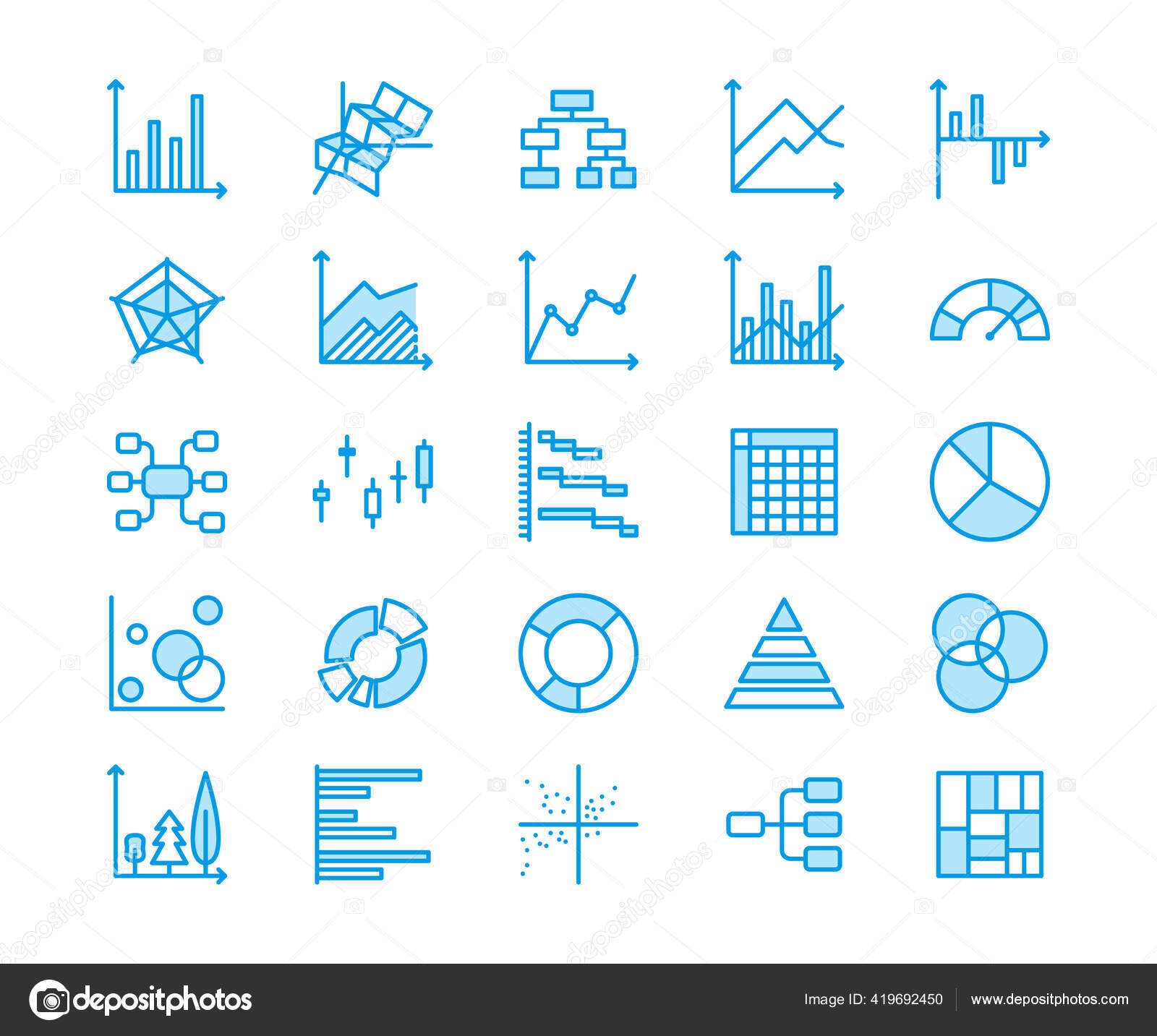 Chart Types Flat Line Icons Linear Graph Column Pie Donut Stock Vector ...