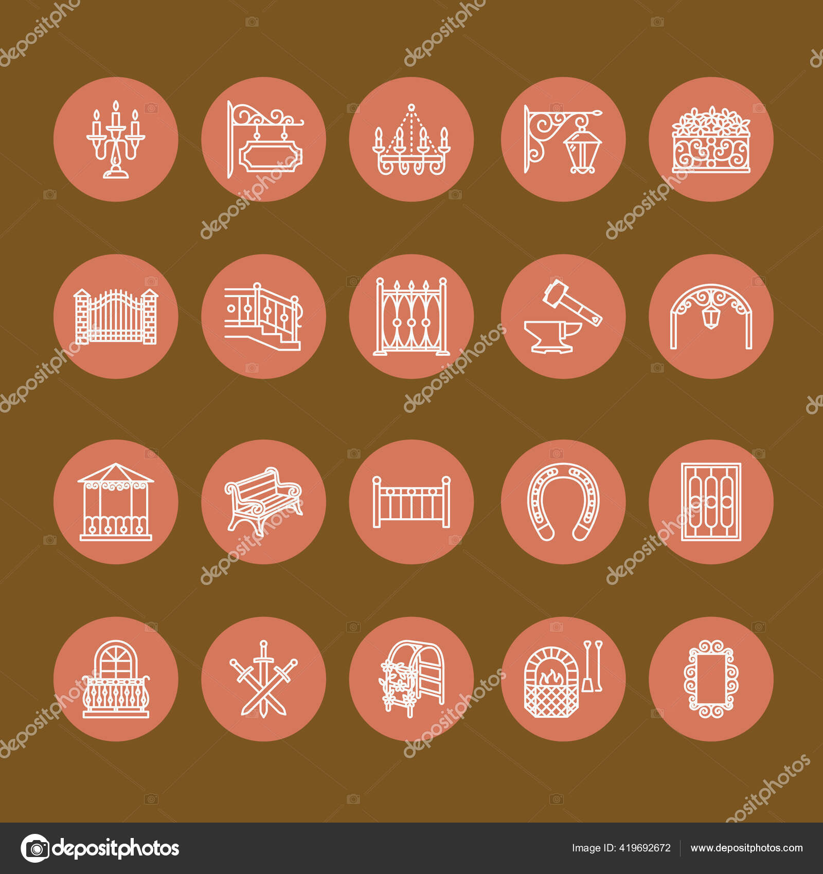 Forged Metal Products Artistic Forging Vector Line Icons Blacksmith ...