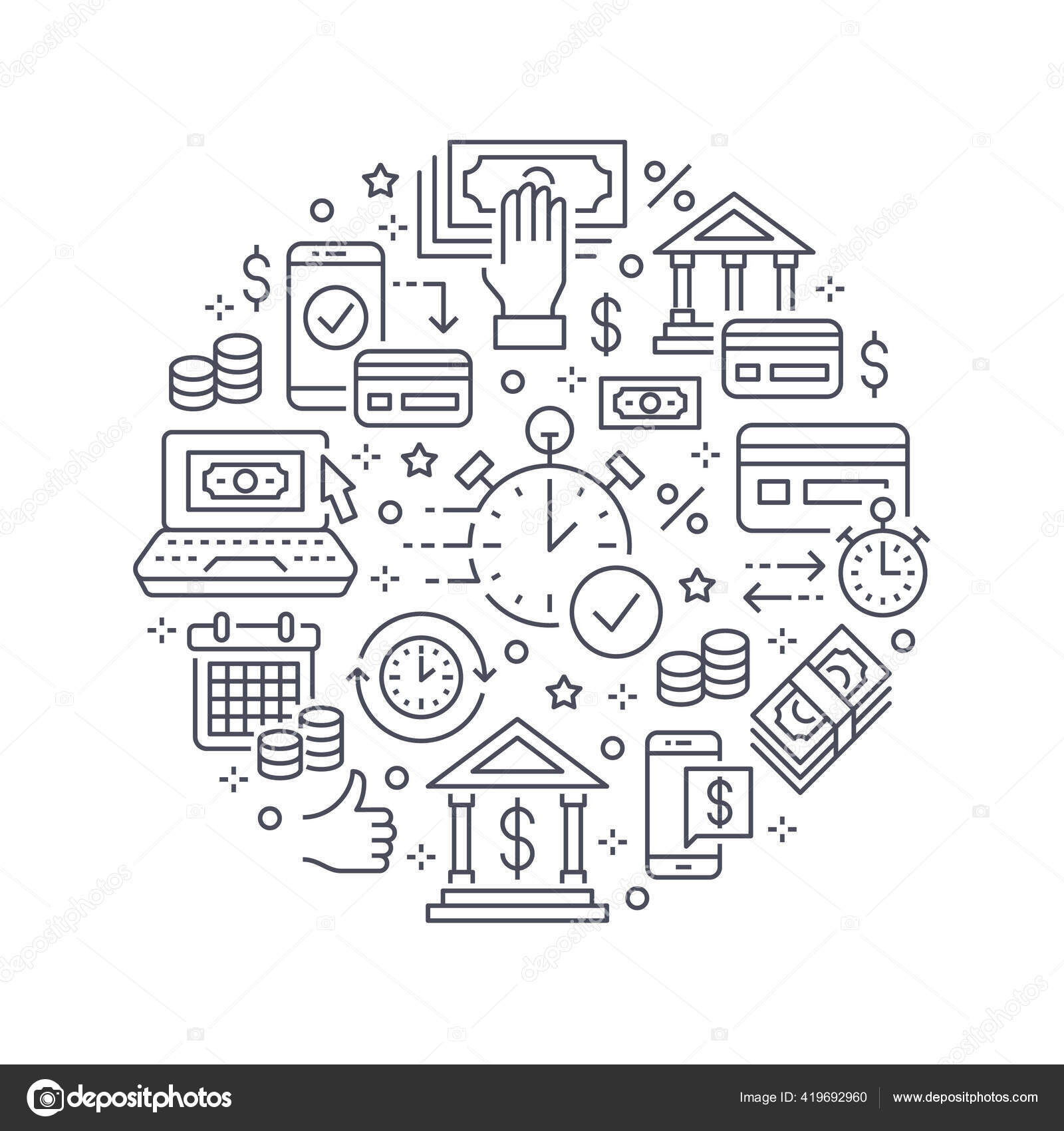 Finance Money Loan Circle Template Flat Line Icons Quick Credit Stock ...