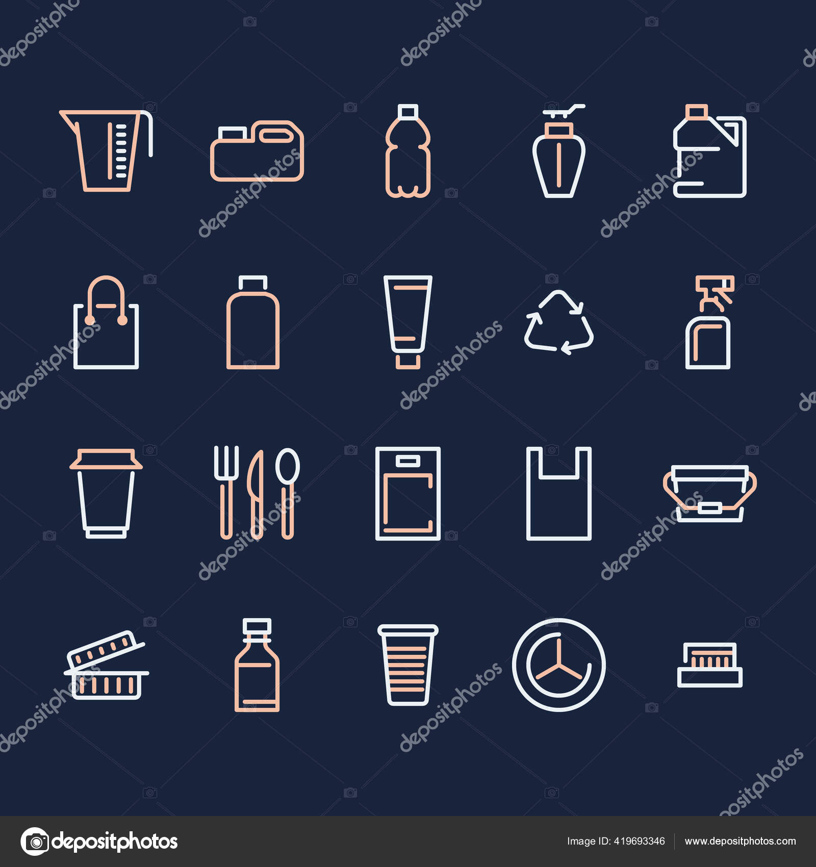 Plastic Packaging Disposable Tableware Line Icons Product Packs ...