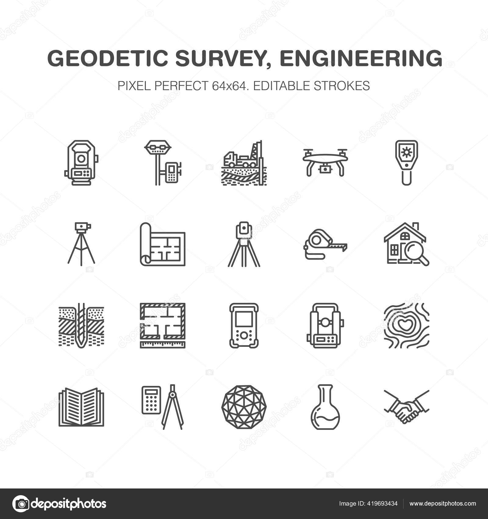 Geodetic Survey Engineering Vector Flat Line Icons Geodesy Equipment ...