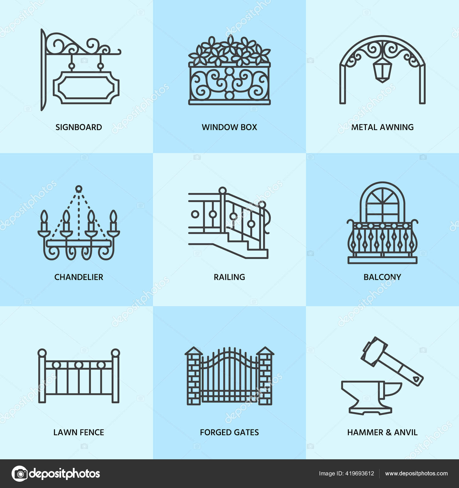 Forged Metal Products Artistic Forging Vector Line Icons Blacksmith ...