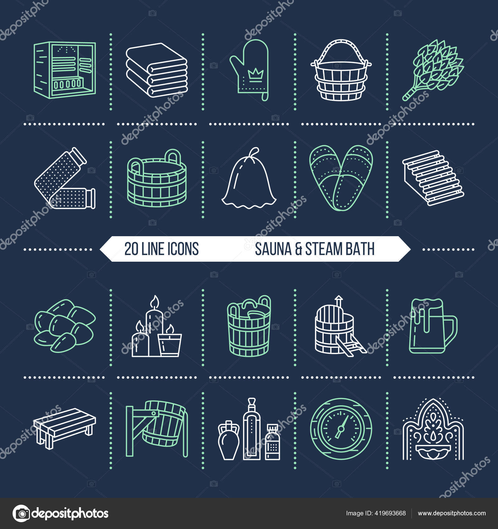 Sauna Steam Bath Line Icons Bathroom Equipment Birch Oak Birch Stock ...