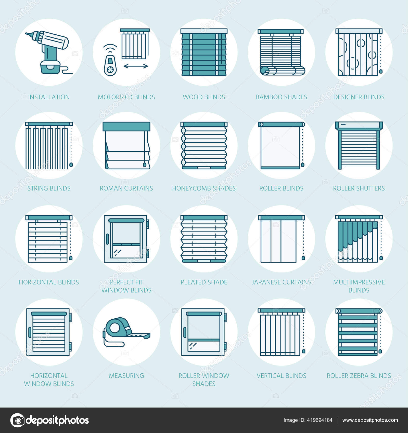 Window Blinds Shades Line Icons Various Room Darkening Decoration ...