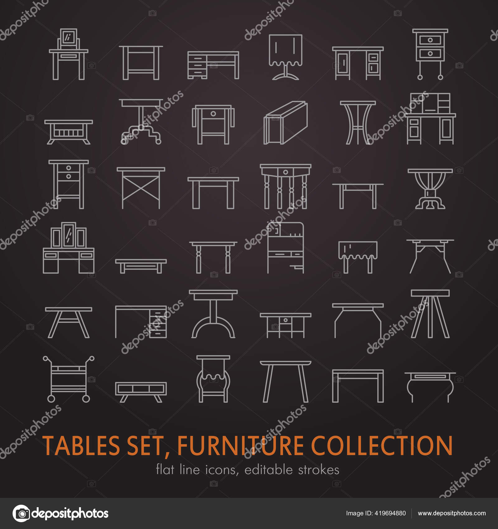 Vector Furniture Line Icons Table Symbols Silhouette Different Table ...