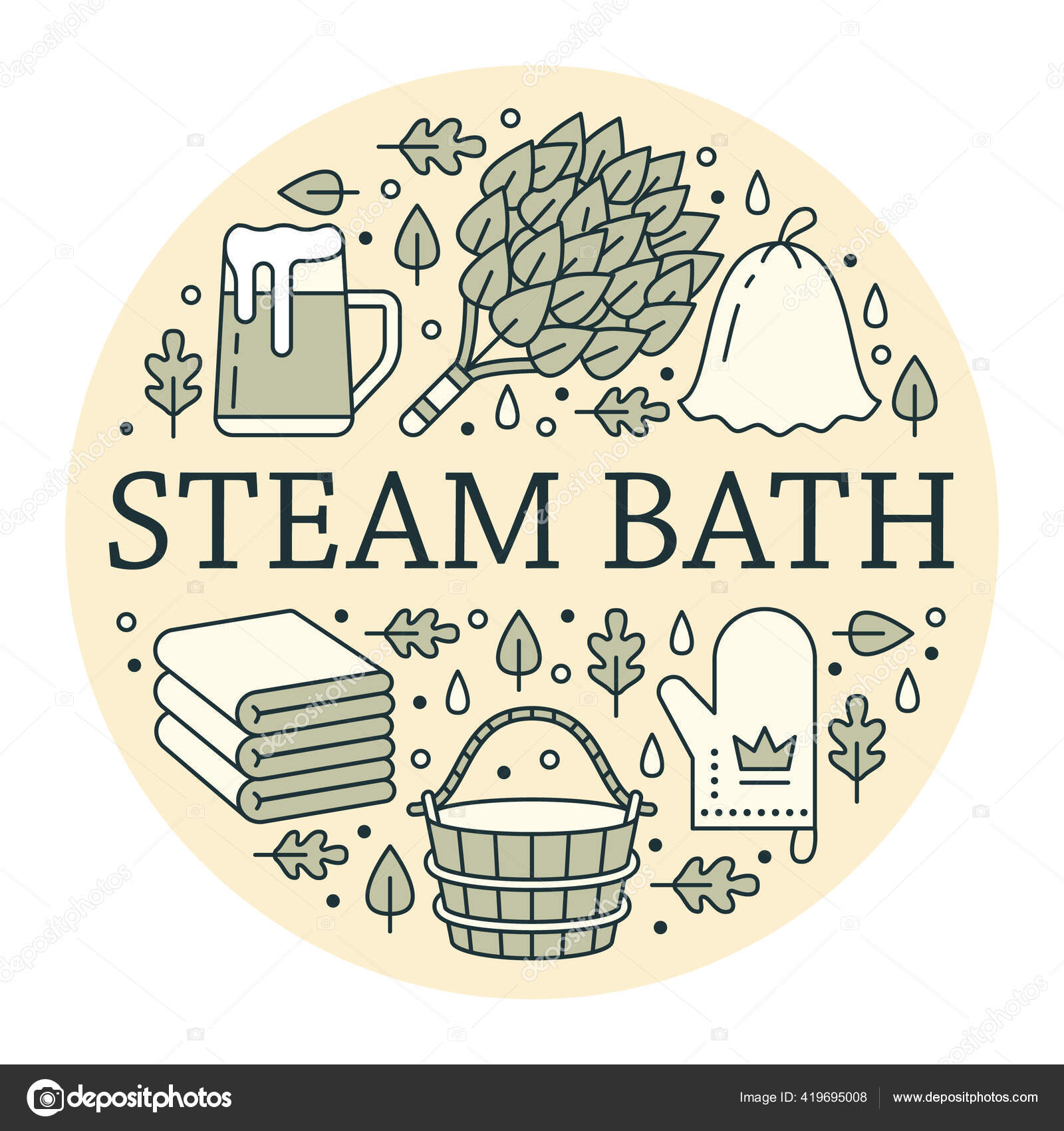 Sauna Steam Bath Room Banner Illustration Flat Line Icons Bathroom ...