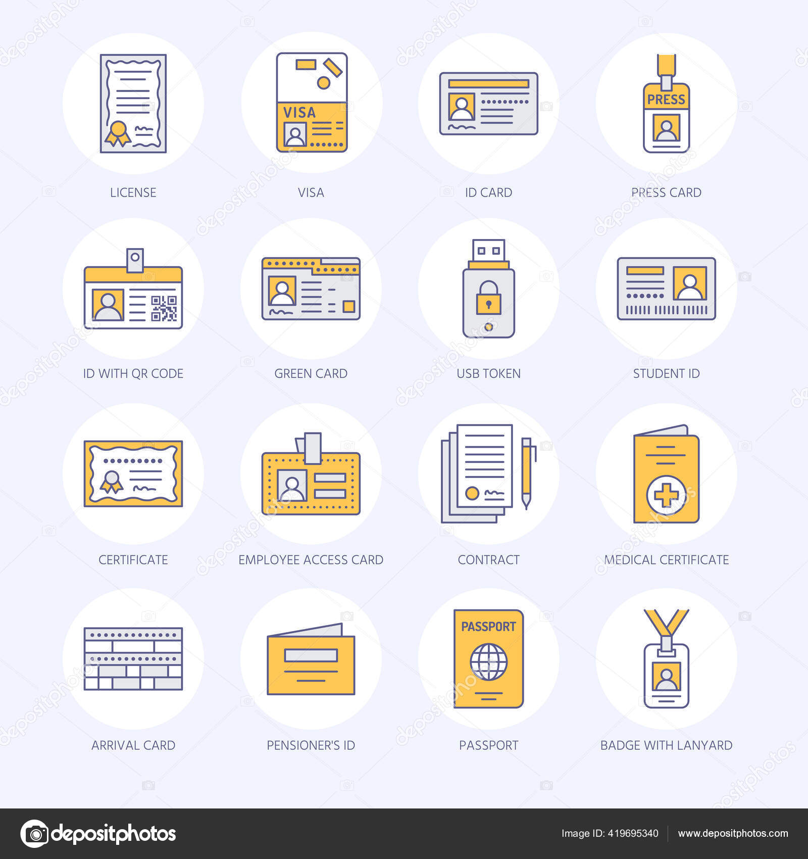 Documents Identity Vector Flat Line Icons Cards Passport Press Access ...