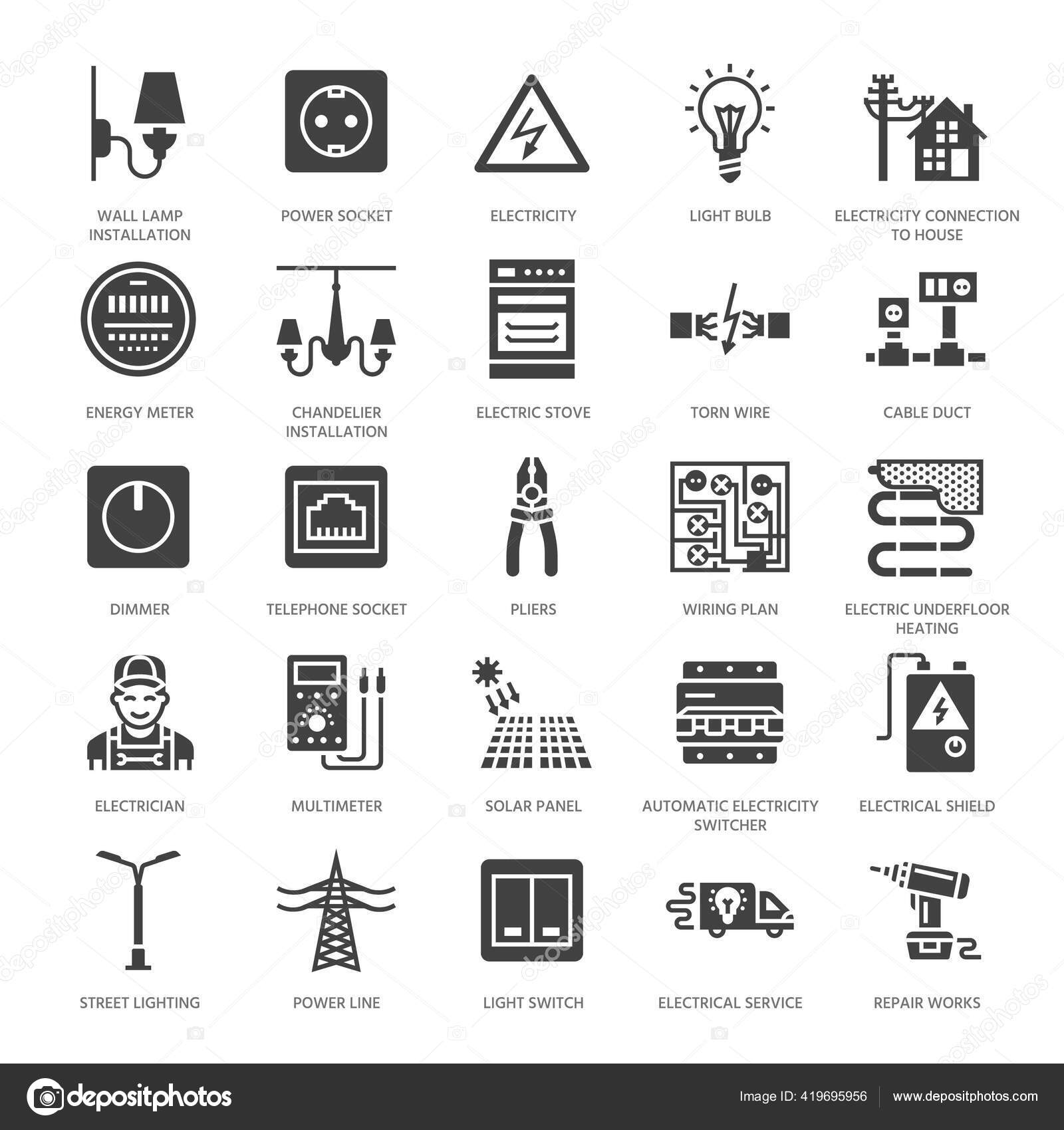 Electricity Engineering Vector Flat Glyph Icons Electrical Equipment ...