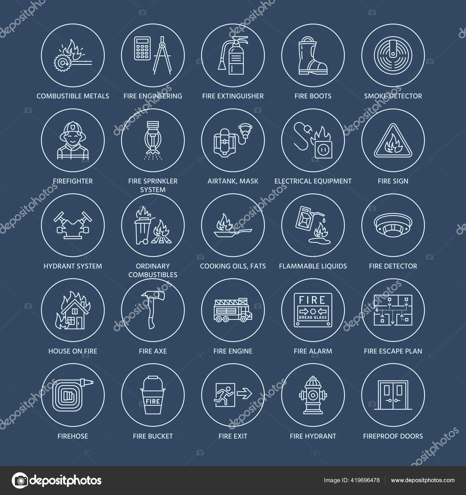 Firefighting Fire Safety Equipment Flat Line Icons Firefighter Fire ...