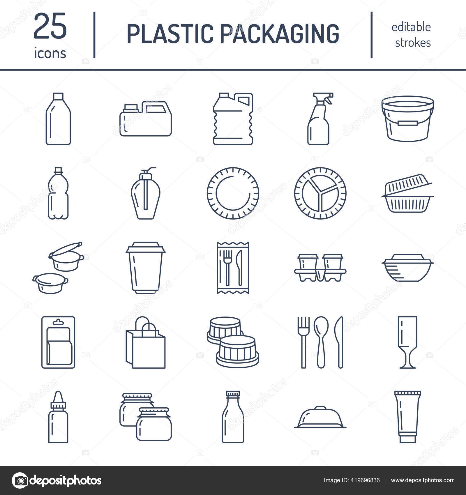 Plastic Packaging Disposable Tableware Line Icons Product Container ...