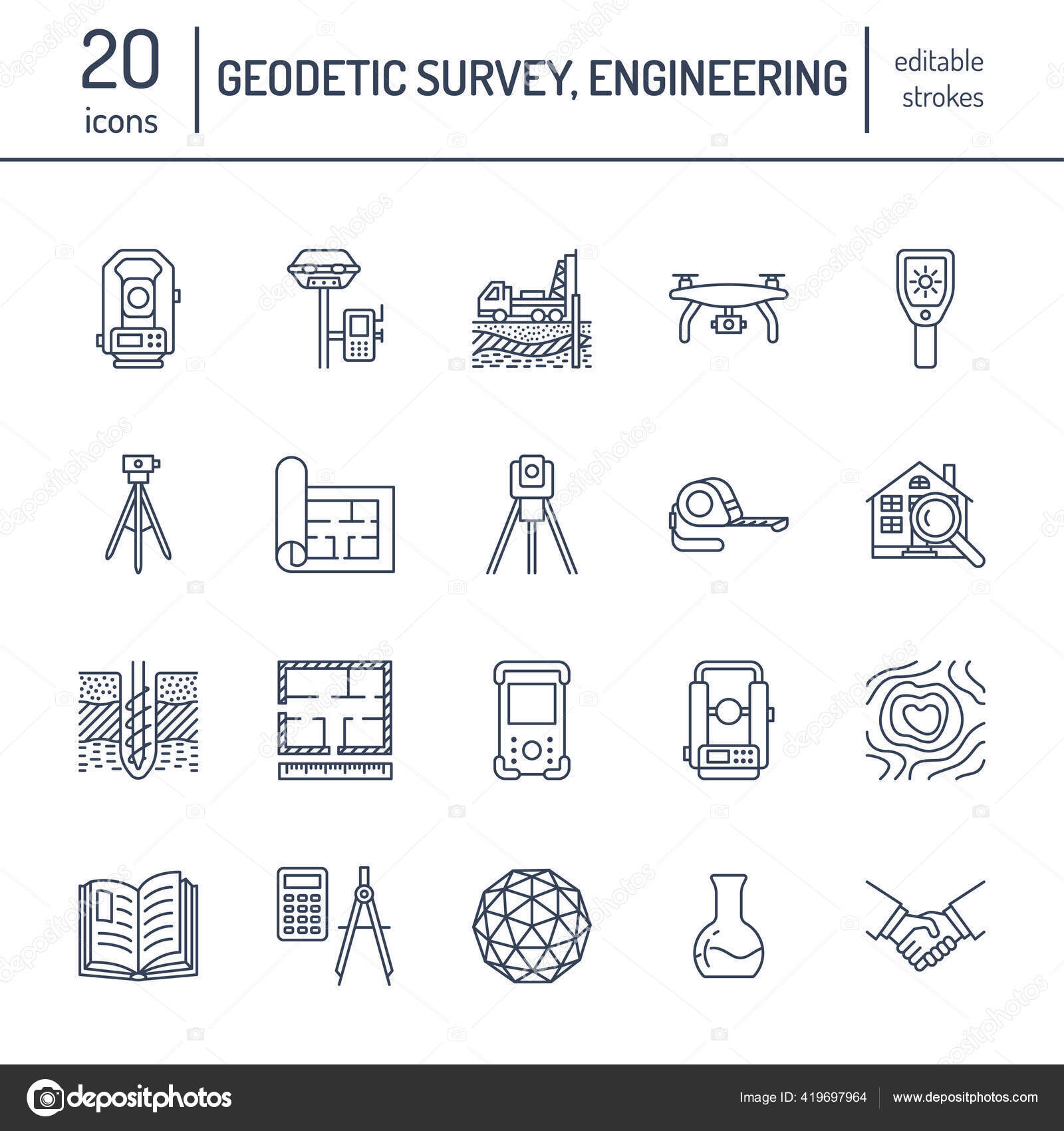 Geodetic Survey Engineering Vector Flat Line Icons Geodesy Equipment ...
