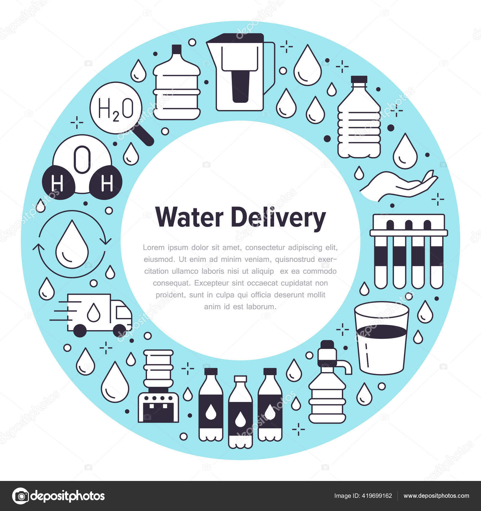 Pure Water Vector Circle Banner Flat Line Icons Aqua Filter Stock ...