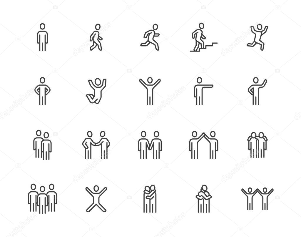 Conjunto de iconos de línea plana. Persona caminando, corriendo ...