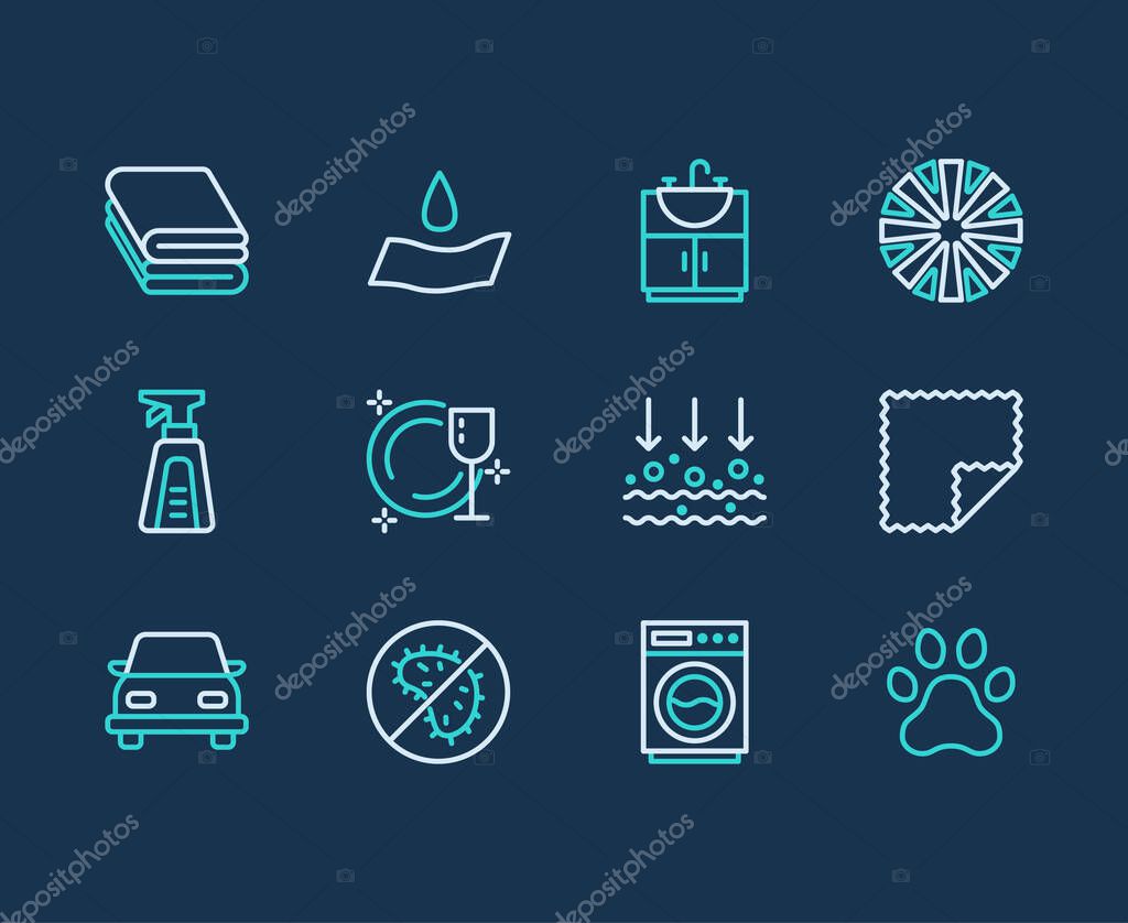 Propiedades de tela de microfibra iconos de línea plana. Material ...