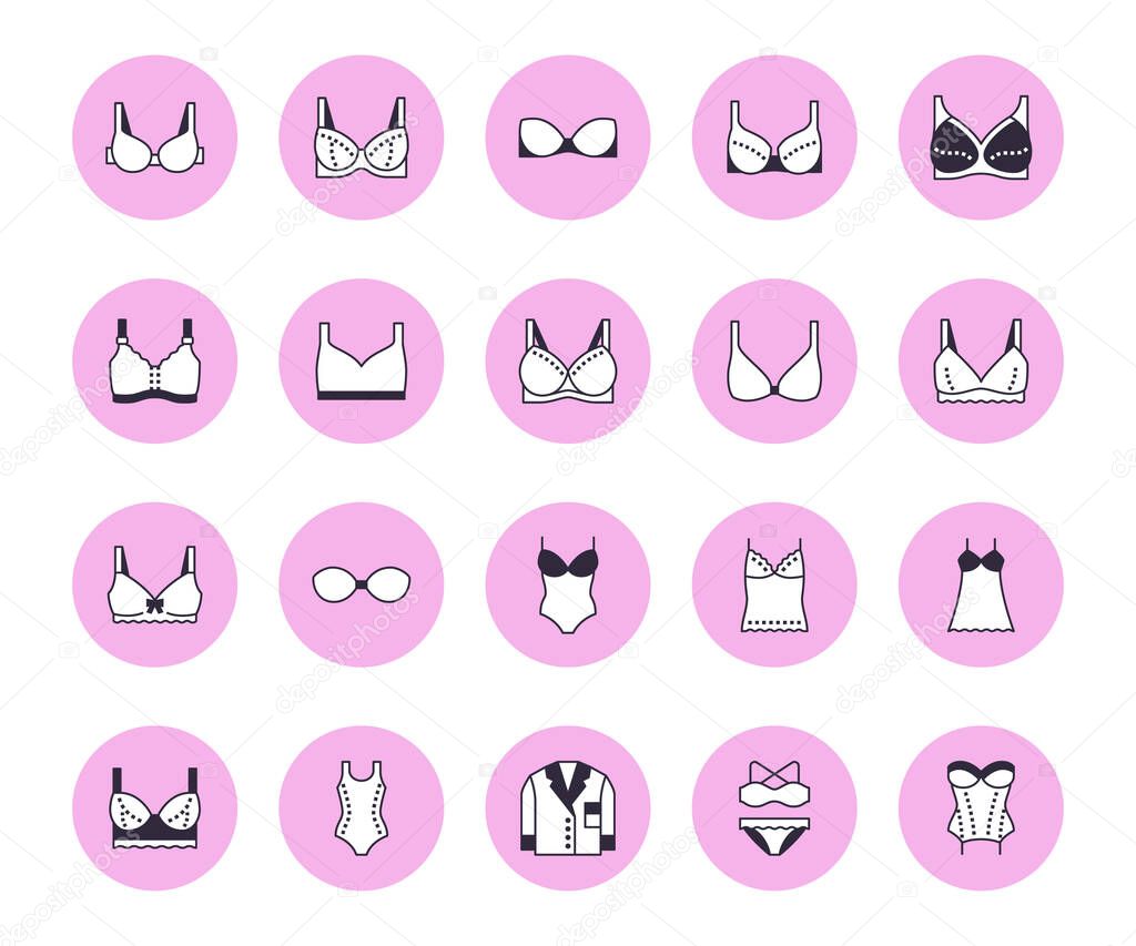 Conjunto de iconos de línea plana de lencería. Tipos de sujetadores ...