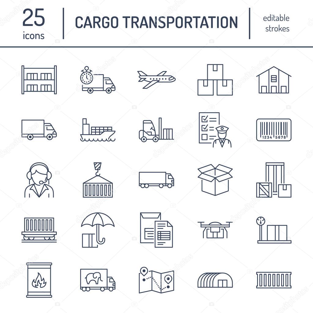 Transporte de carga iconos de línea plana. Camiones, entrega urgente ...