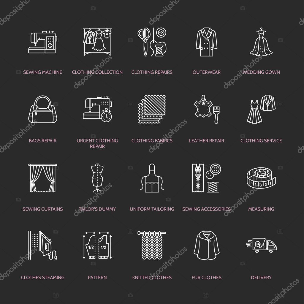 Reparación de ropa, alteraciones de línea plana iconos conjunto ...