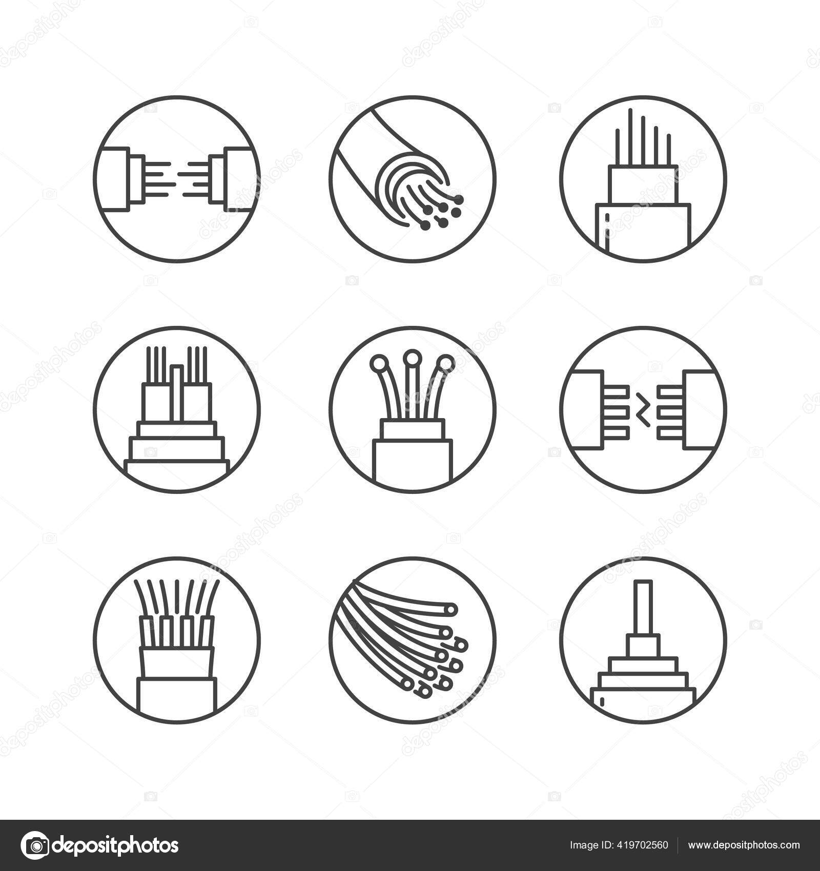 Optical Fiber Flat Line Vector Icons Network Connection Computer Wire ...