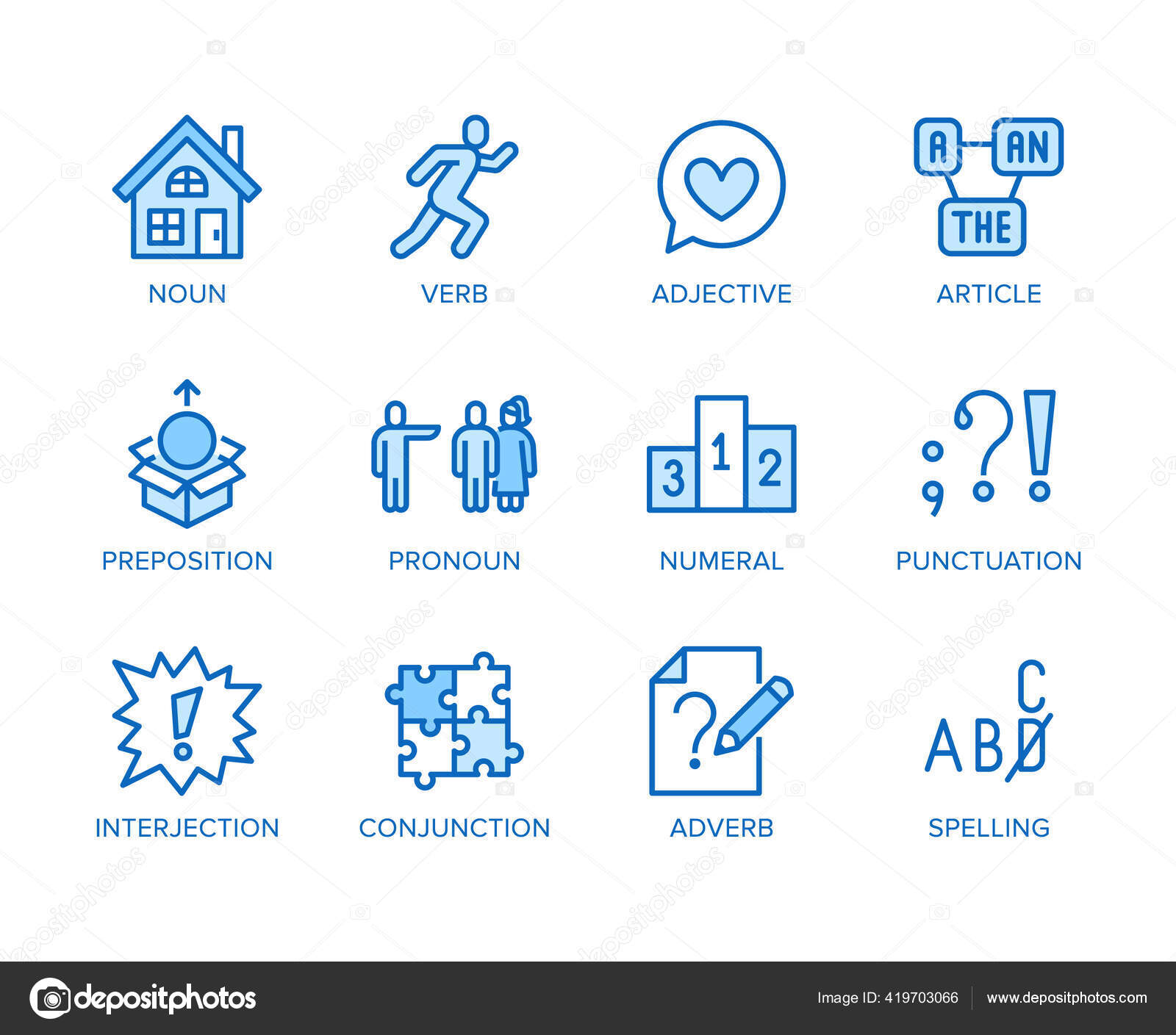 Grammar Education Flat Line Icons Set Parts Speech Verb Preposition ...
