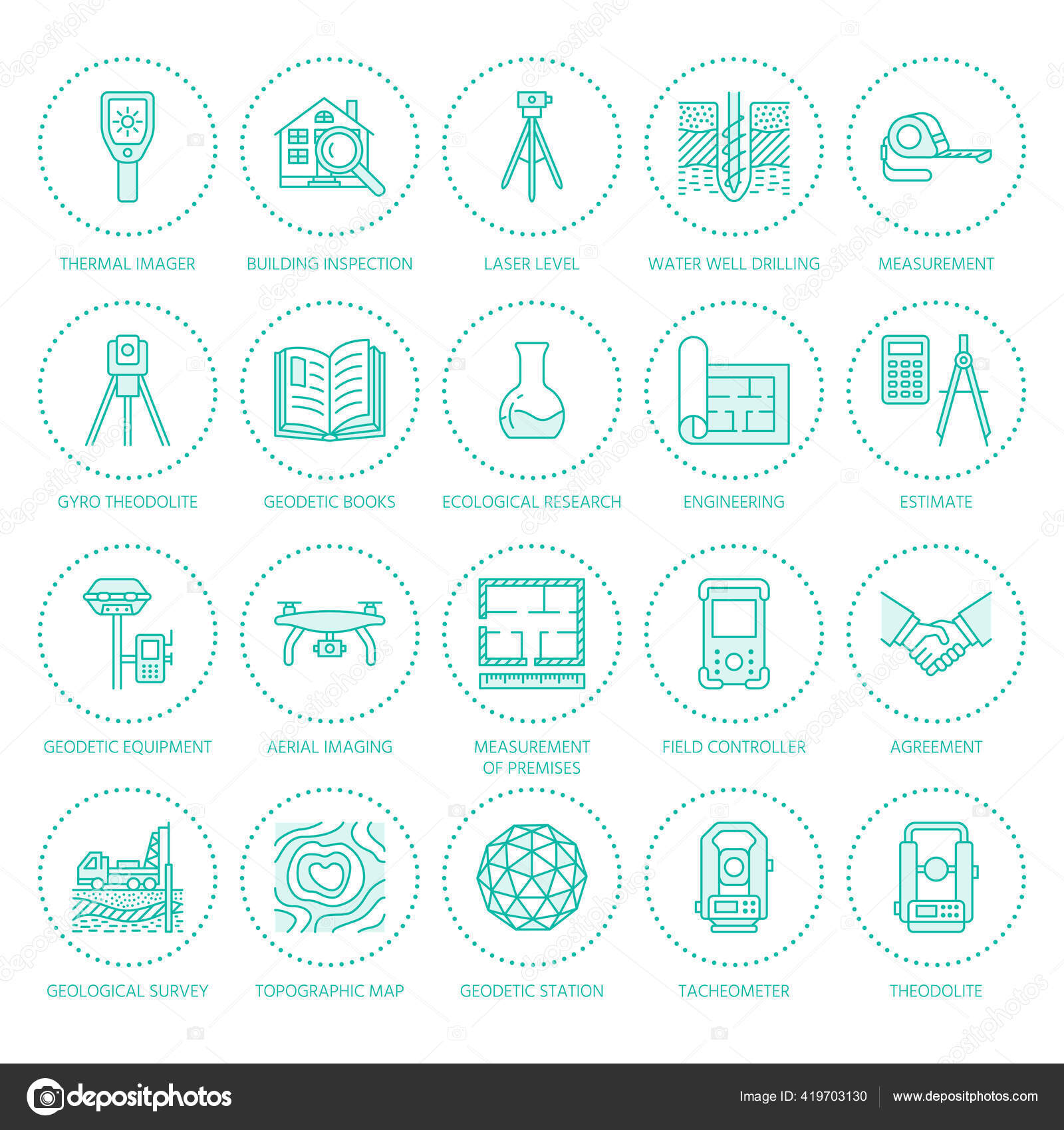 Geodetic Survey Engineering Vector Flat Line Icons Geodesy Equipment ...
