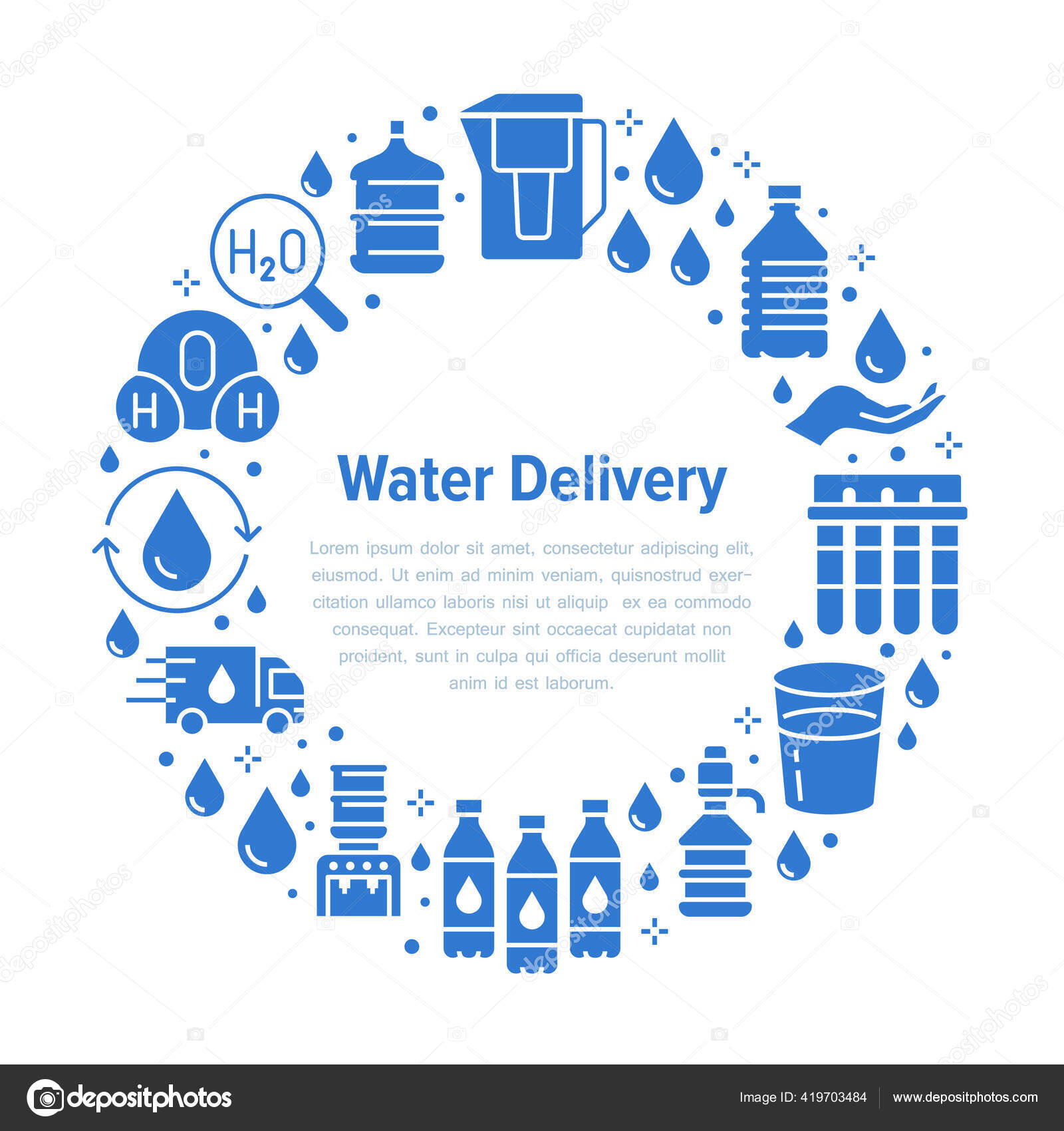 Pure Water Vector Circle Banner Flat Glyph Icons Aqua Filter Stock ...