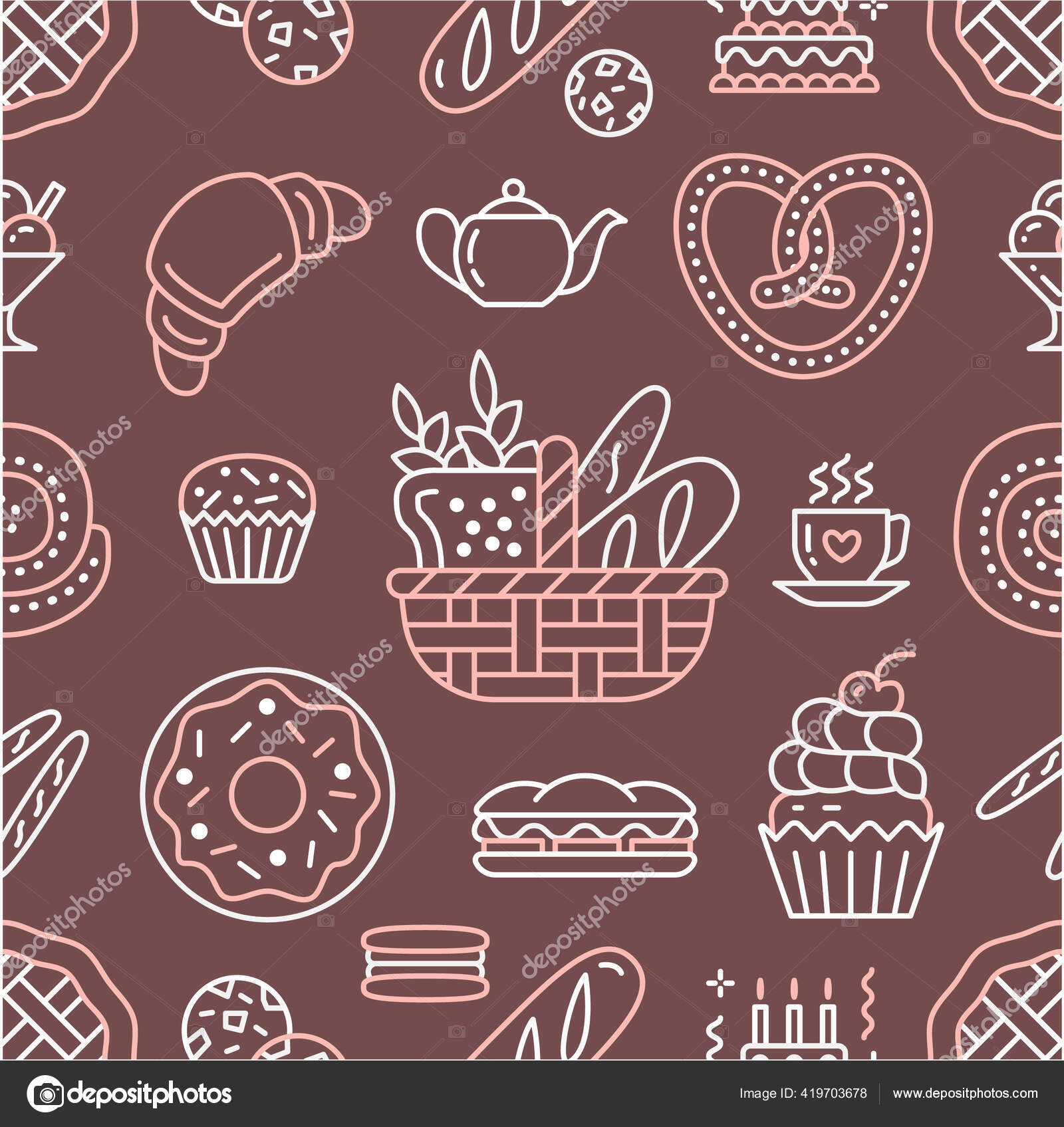 Bakery Seamless Pattern Food Vector Background Brown Pastel Color ... Bakery Seamless Pattern Food Vector Background Brown Pastel Color ...