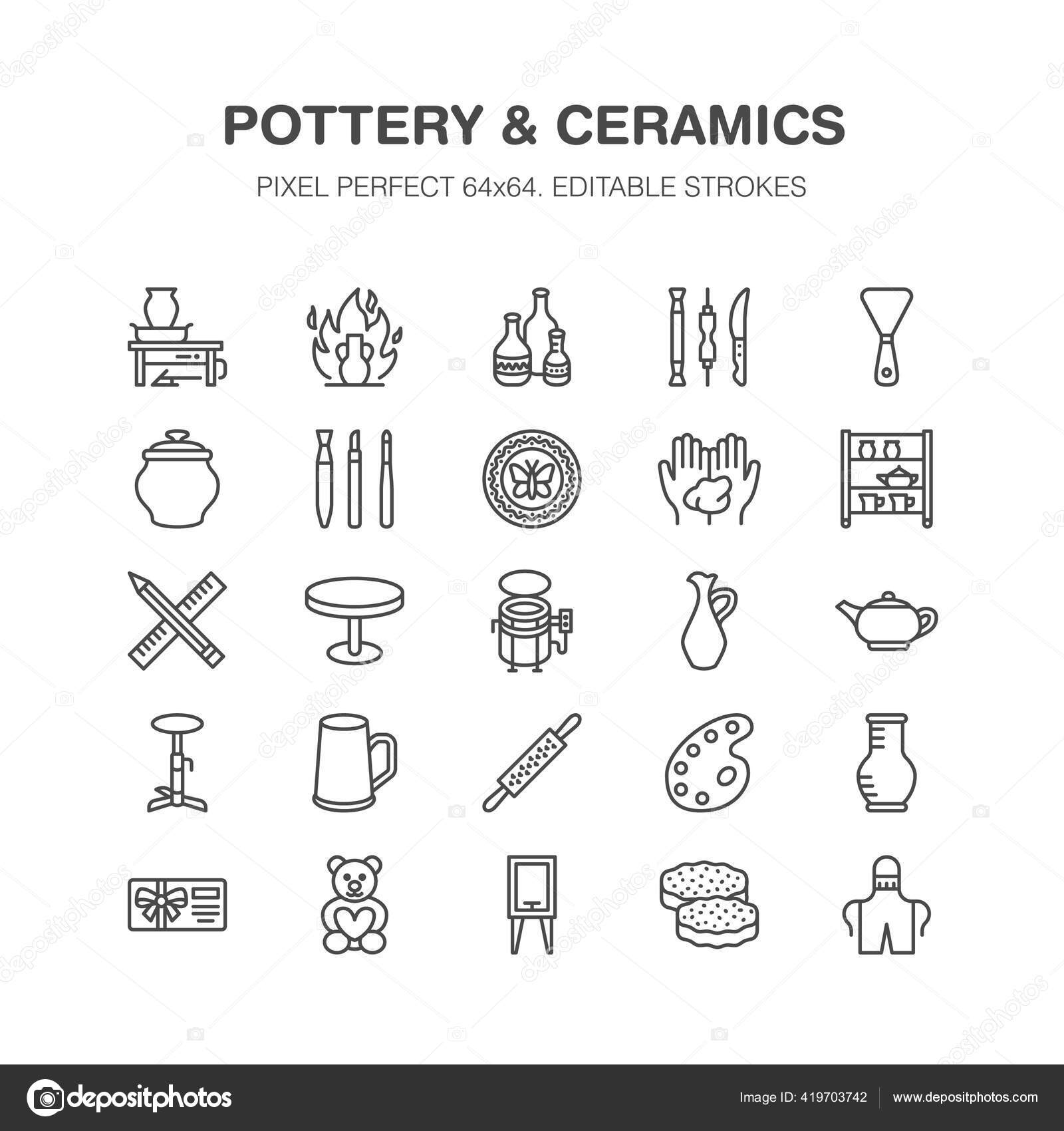 Pottery Workshop Ceramics Classes Line Icons Clay Studio Tools Signs ...