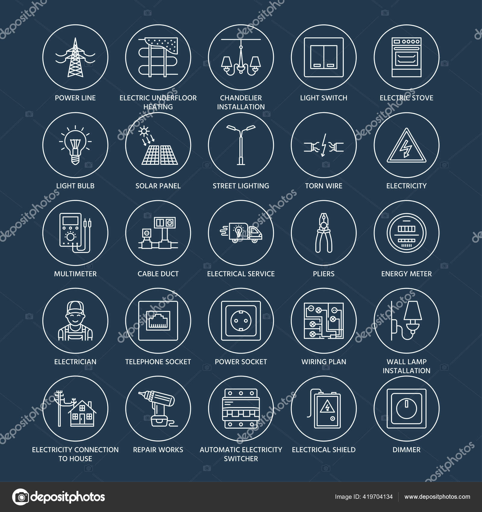 Electricity Engineering Vector Flat Line Icons Electrical Equipment ...
