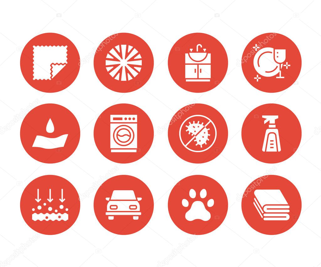 Propiedades de tela de microfibra iconos de glifo plano. Material ...