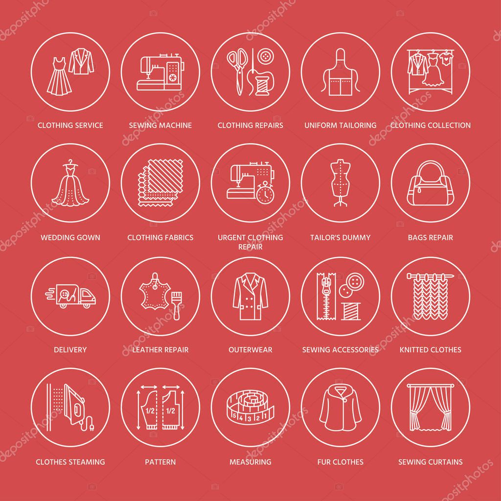 Reparación de ropa, alteraciones de línea plana iconos conjunto ...