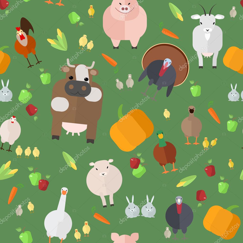 Seamless texture , farm animals , vegetables , vector on a green ...