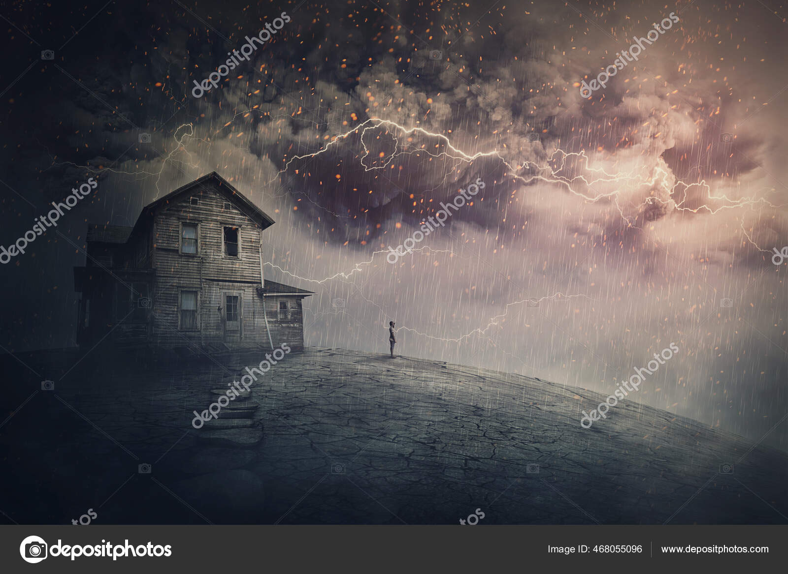 Creepy Storm Scene Scary Lightnings Ghost Land Haunted House Person ...