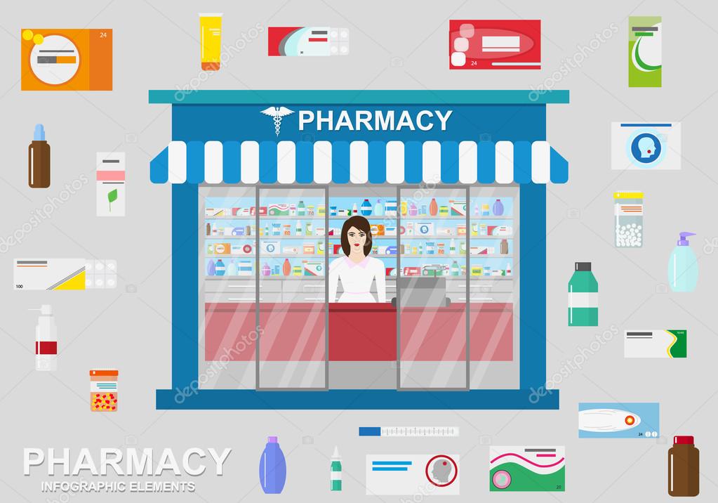 Pharmacy vector infographic elements. Woman pharmacist shows ...