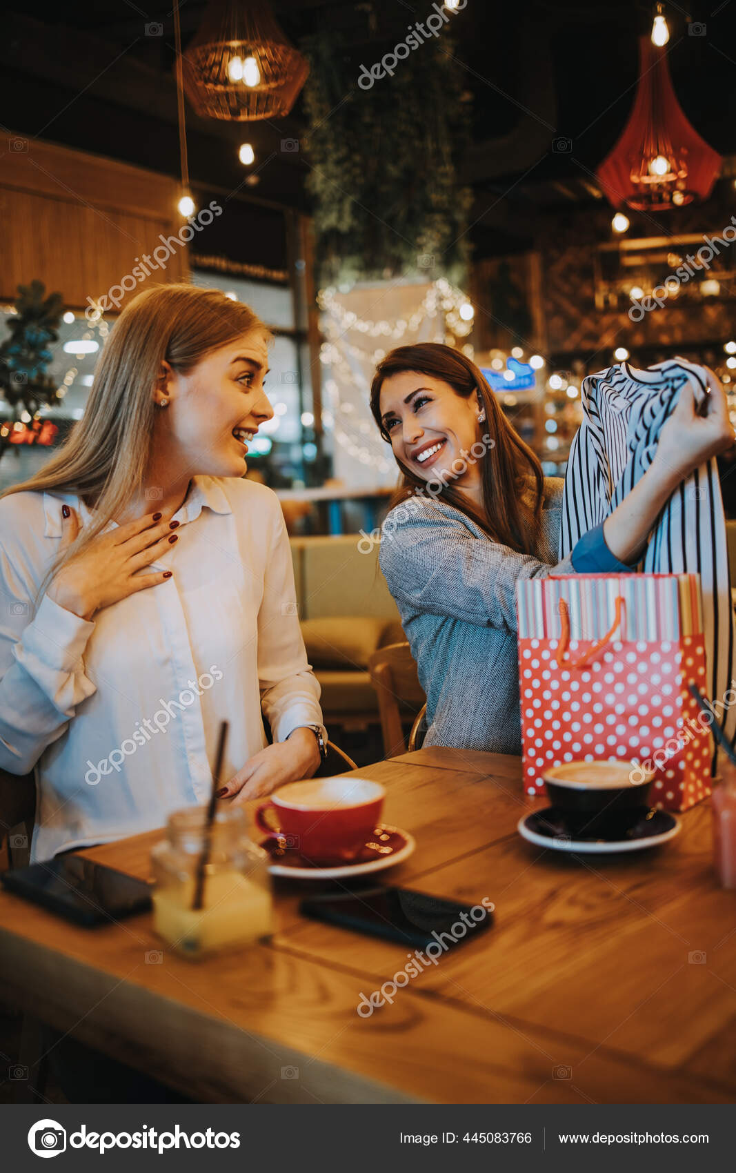 Two Best Friends Sitting Coffee Bar Restaurant Shopping Happily Talking ...