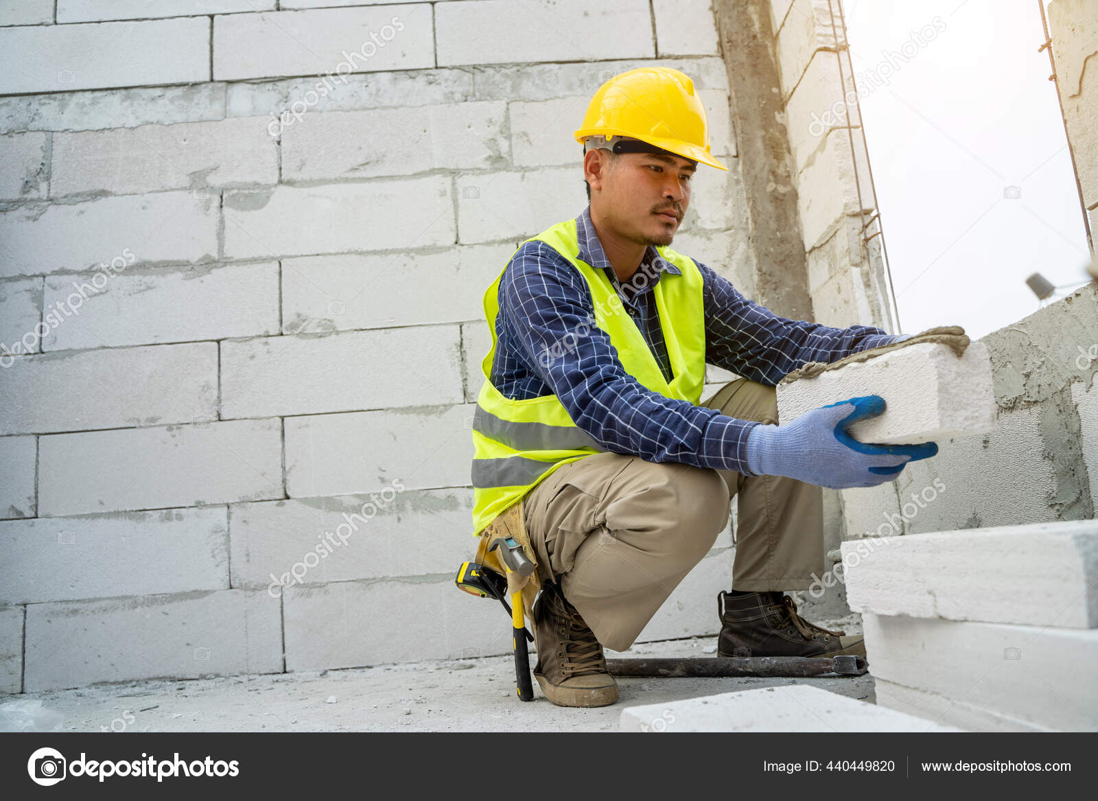 Construction Worker Builds Brick Wall New House — Stock Photo ...
