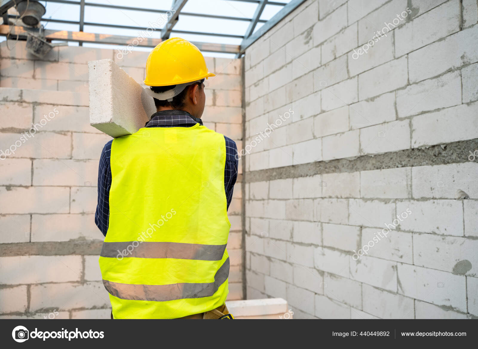 Masonry Worker Make Concrete Wall Cement Block Plaster New House Stock ...