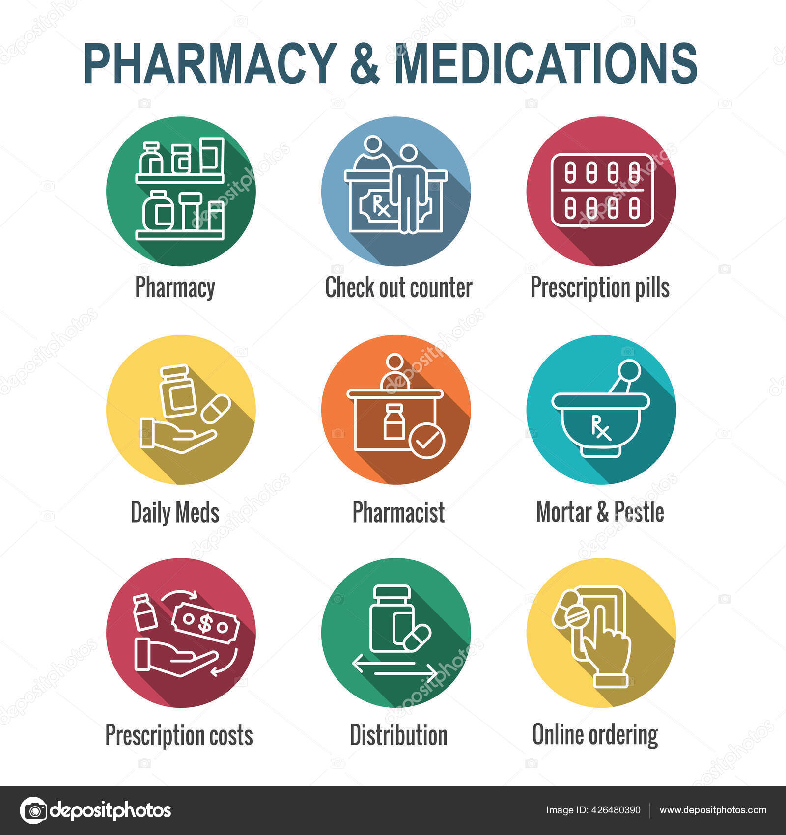 Pharmaceuticals Medication Icon Set Mortar Pestle Pharmacy Otc Stock ...
