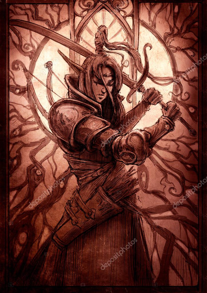 Espadachín elfo con una larga espada curvada en sus manos, con armadura ...