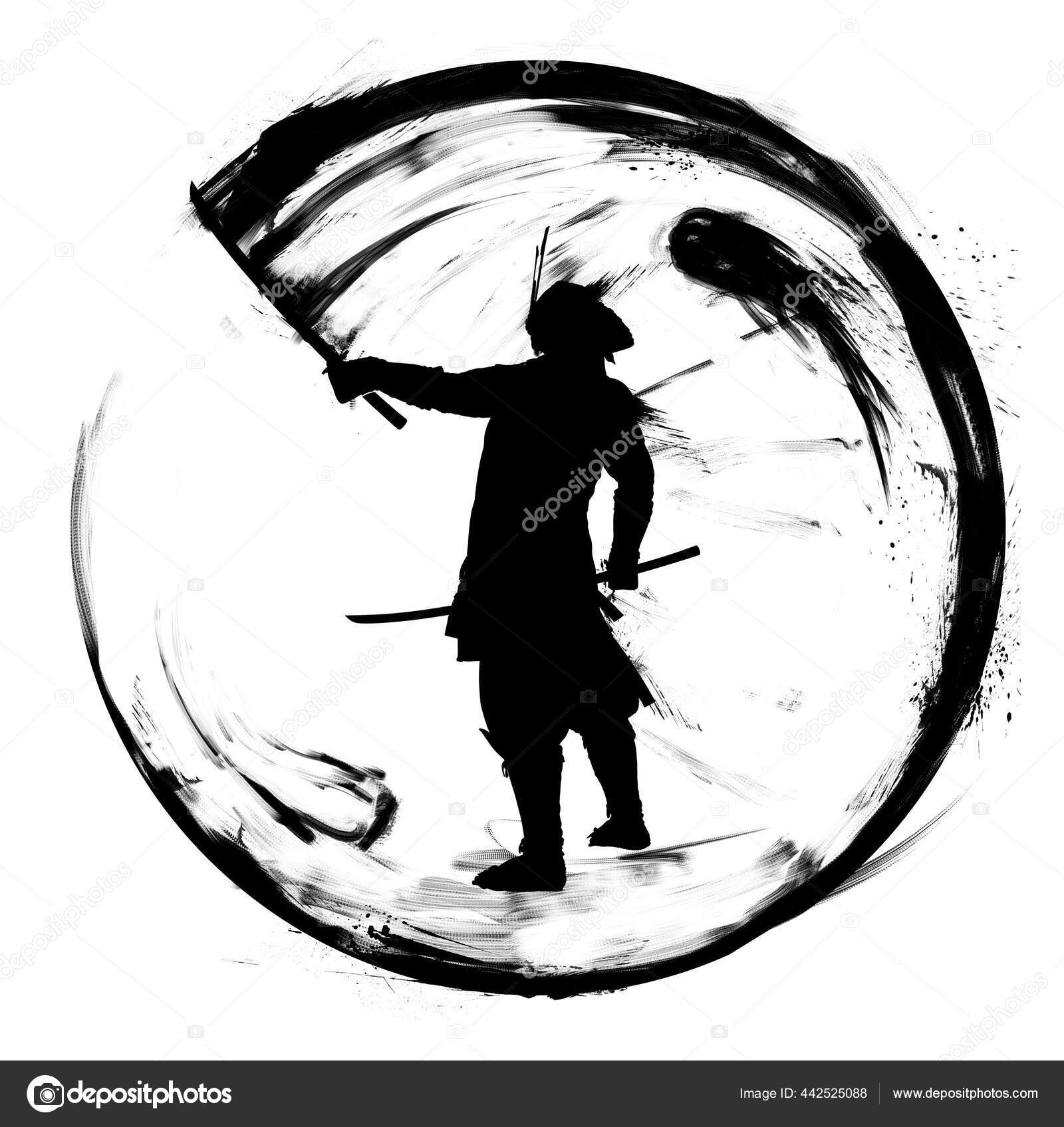 Black Silhouette Samurai Drawn Ink Outlines Smooth Circle Ink Forming ...