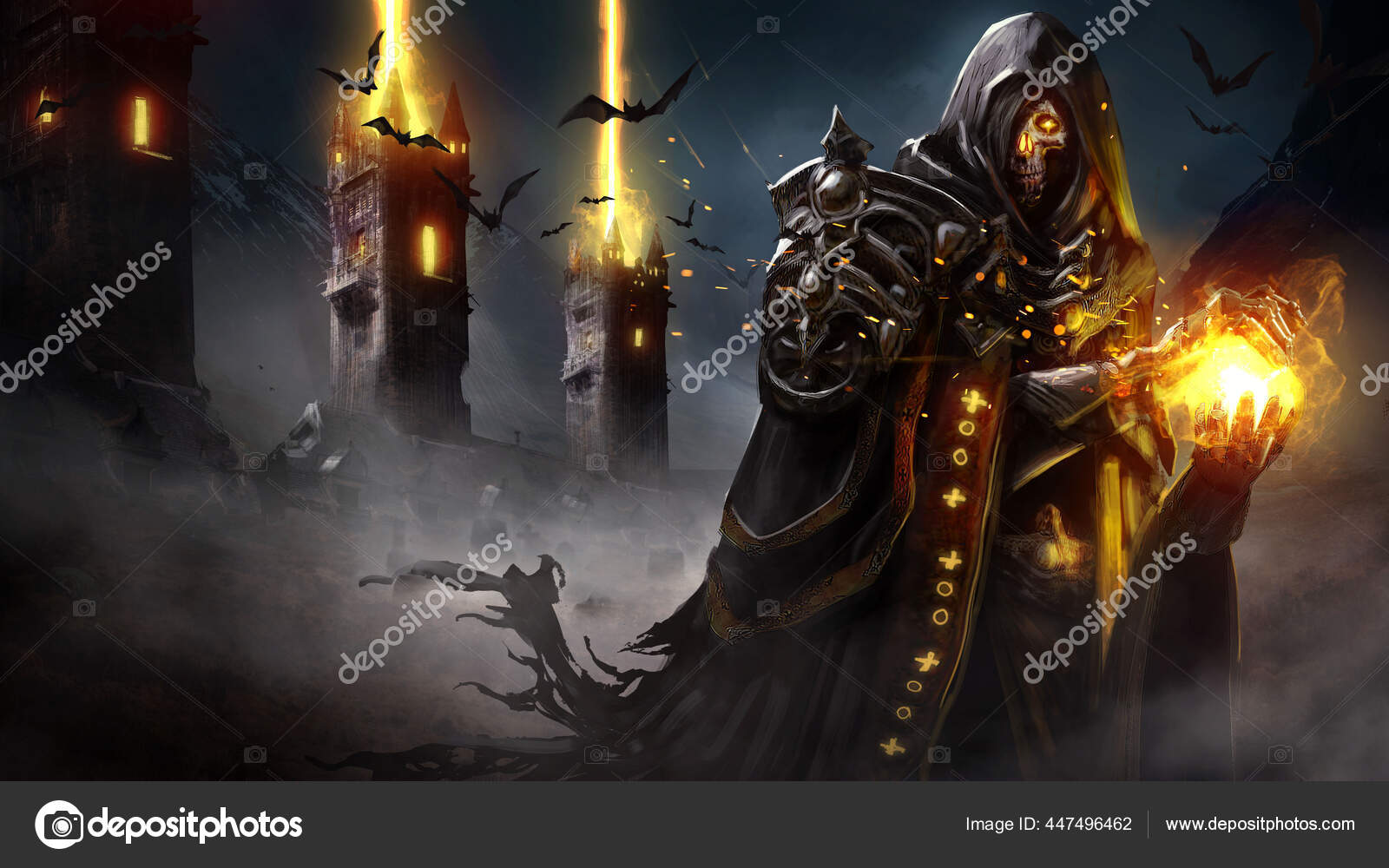 Sinister Skeleton Lich Forms Sphere Fire His Hands His Eyes Stock Photo ...