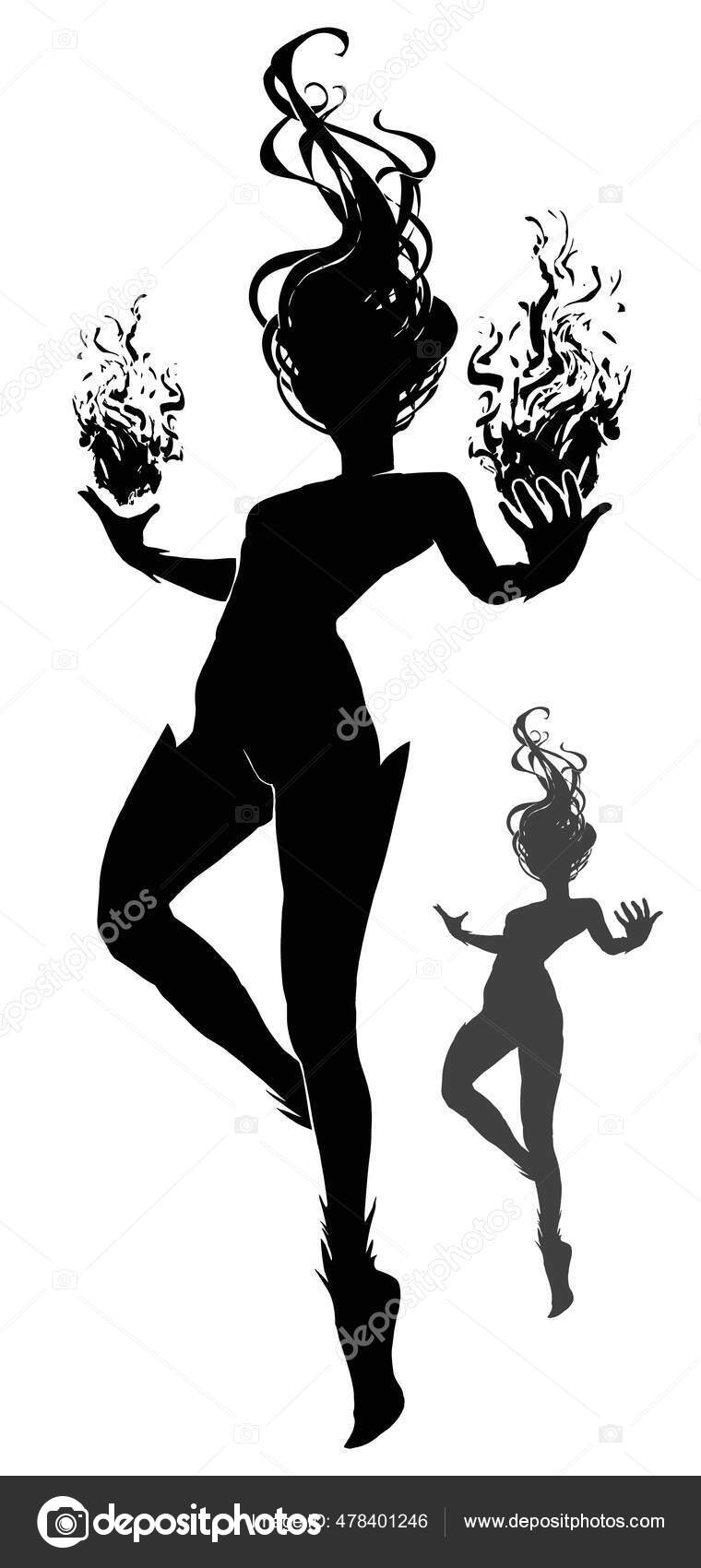 Black Silhouette Graceful Pyromancer Girl She Elemental Floating Air ...