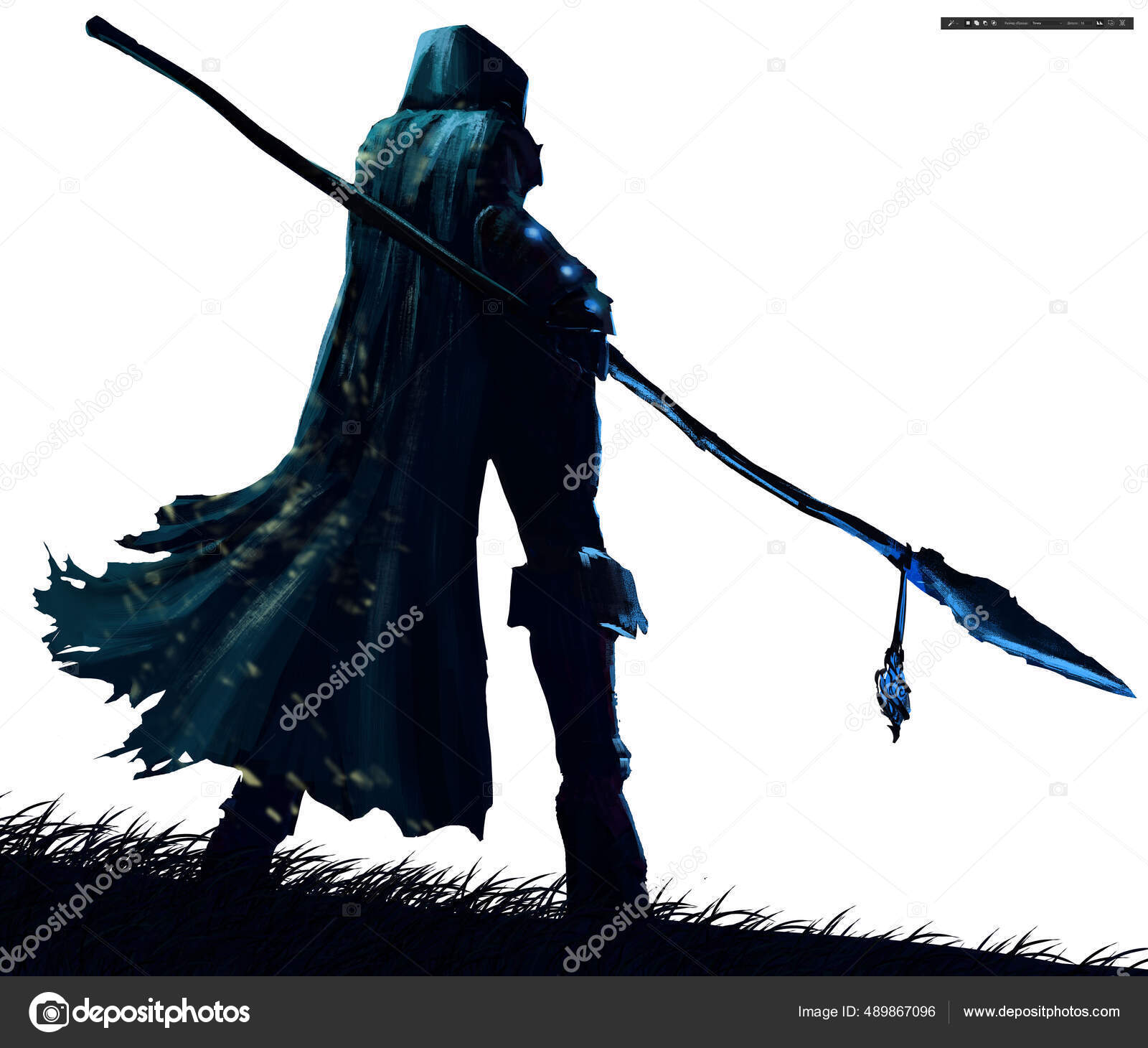 Dark Silhouette Wanderer Girl Blue Hood Spear Her Hand She Stock Photo ...
