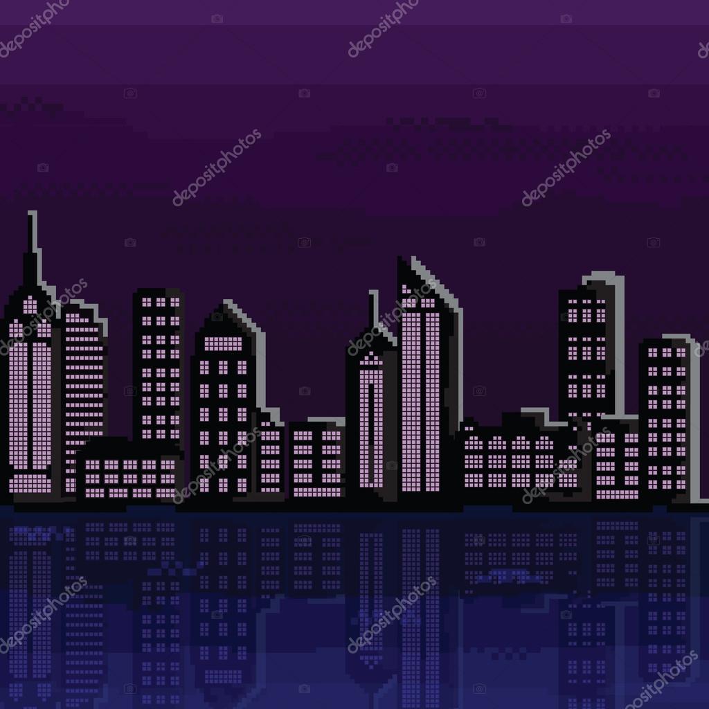 Illustration of pixel city. Vector of violet pixel city. — Stock Vector ...