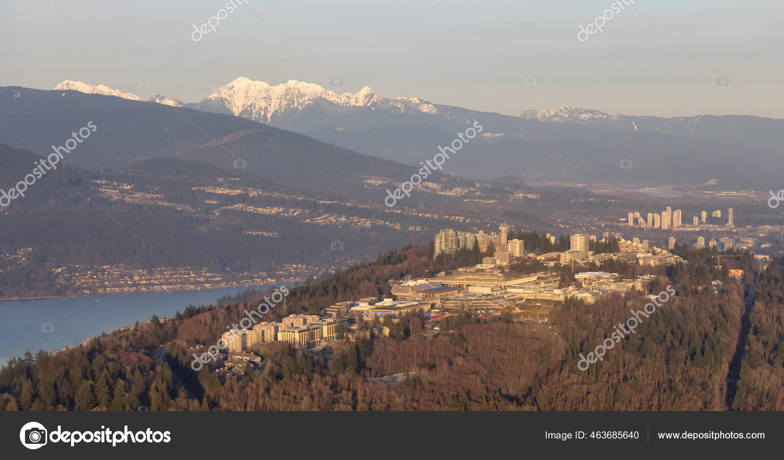 Aerial view of Simon Fraser University, SFU, on Burnaby Mountain ...