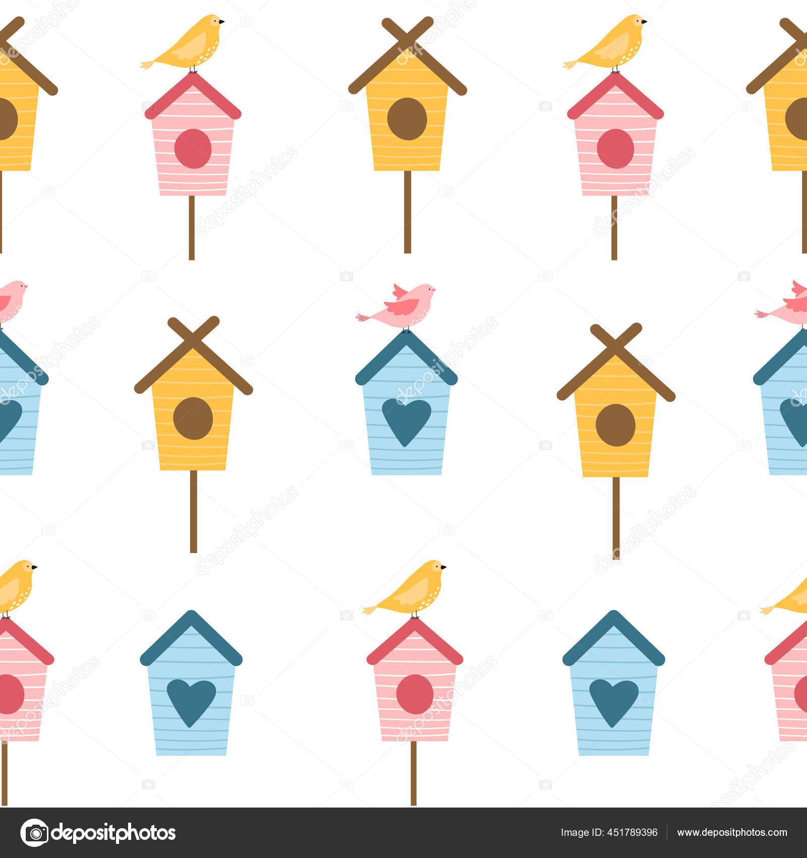 Cute Spring Seamless Pattern Birds Birdhouses Flat Hand Drawn Cartoon ...