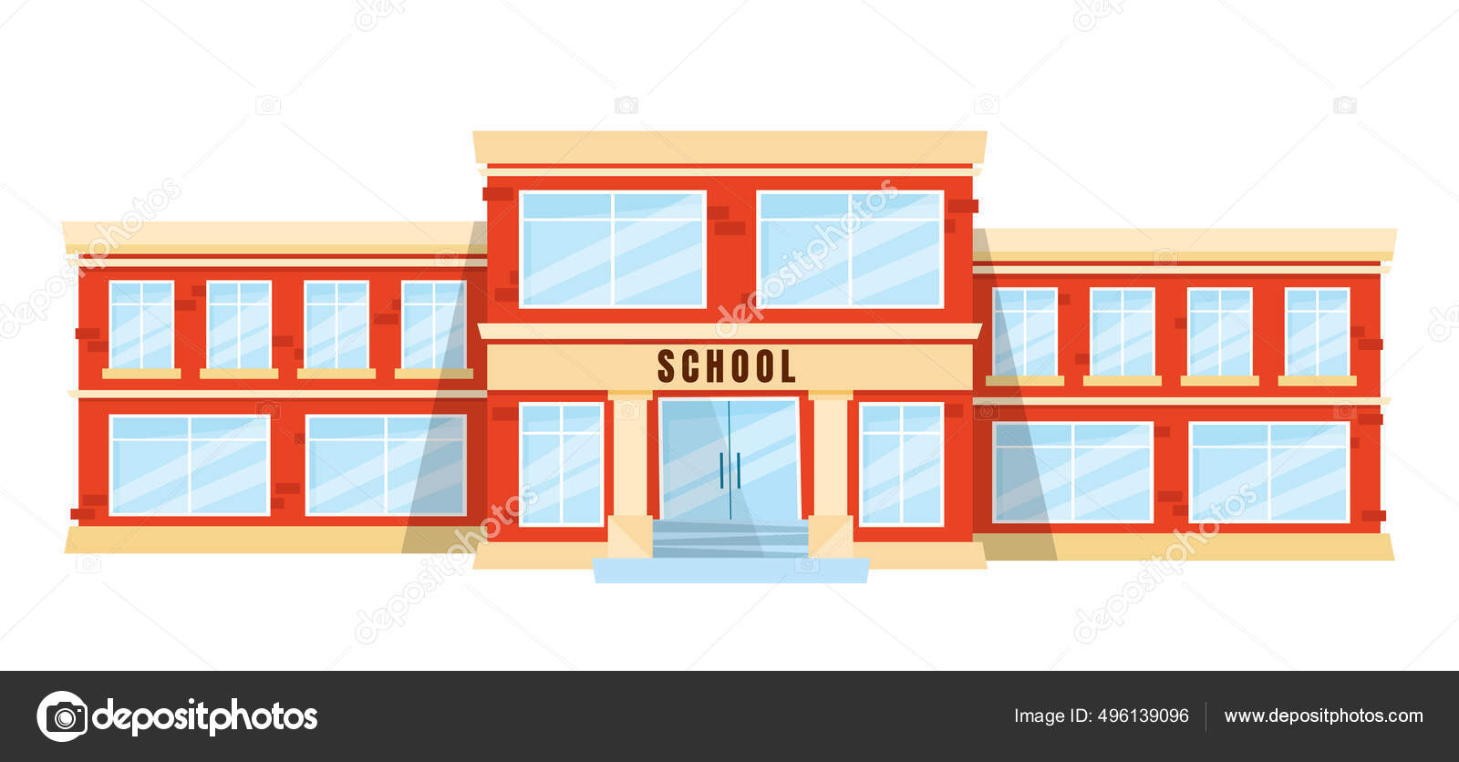 Front View Classic School Building Big Windows Doors Flat Cartoon Stock ...