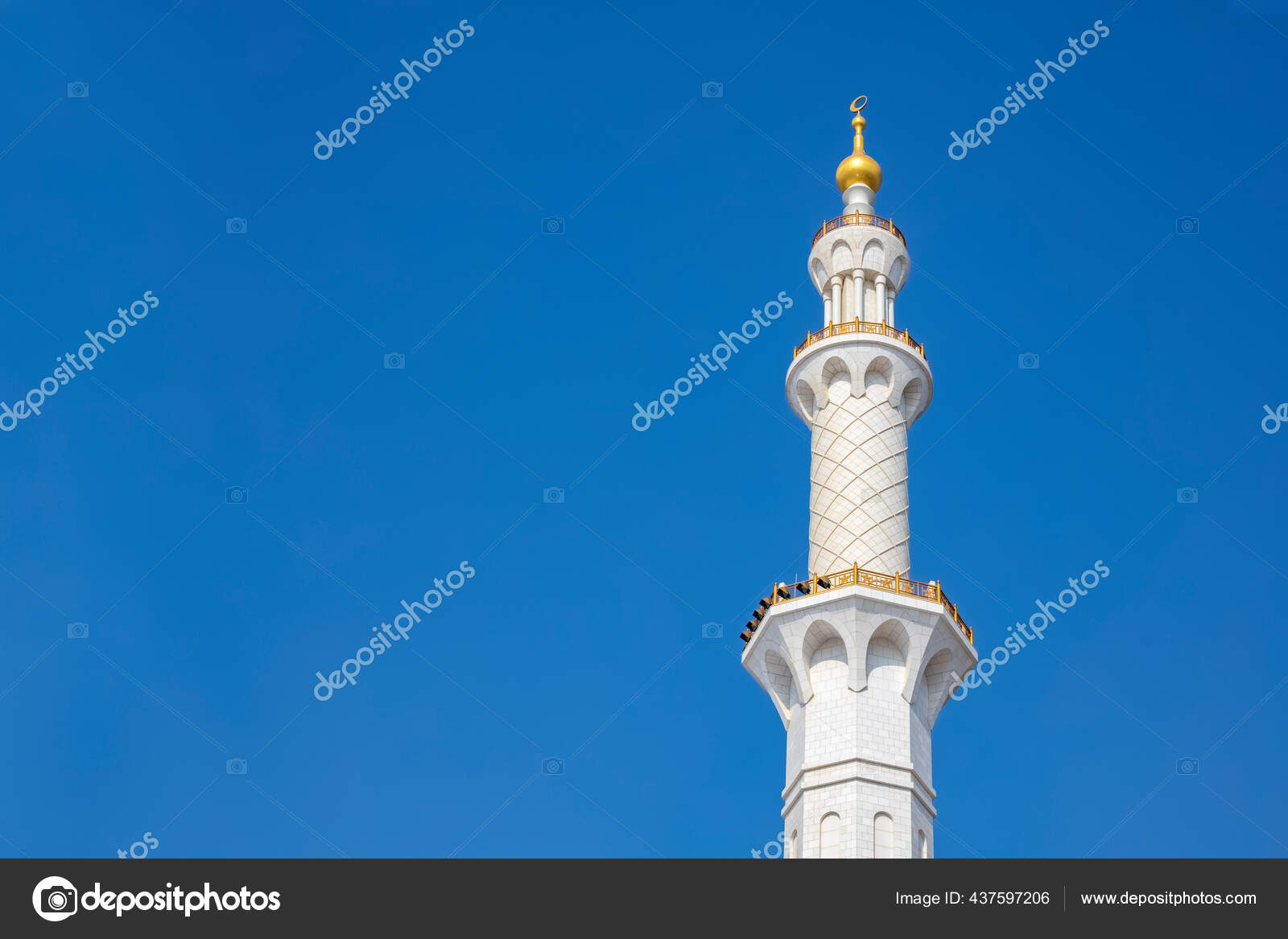 Beautiful Minaret Tower Mosque White Marble Background Blue Sky Copy ...
