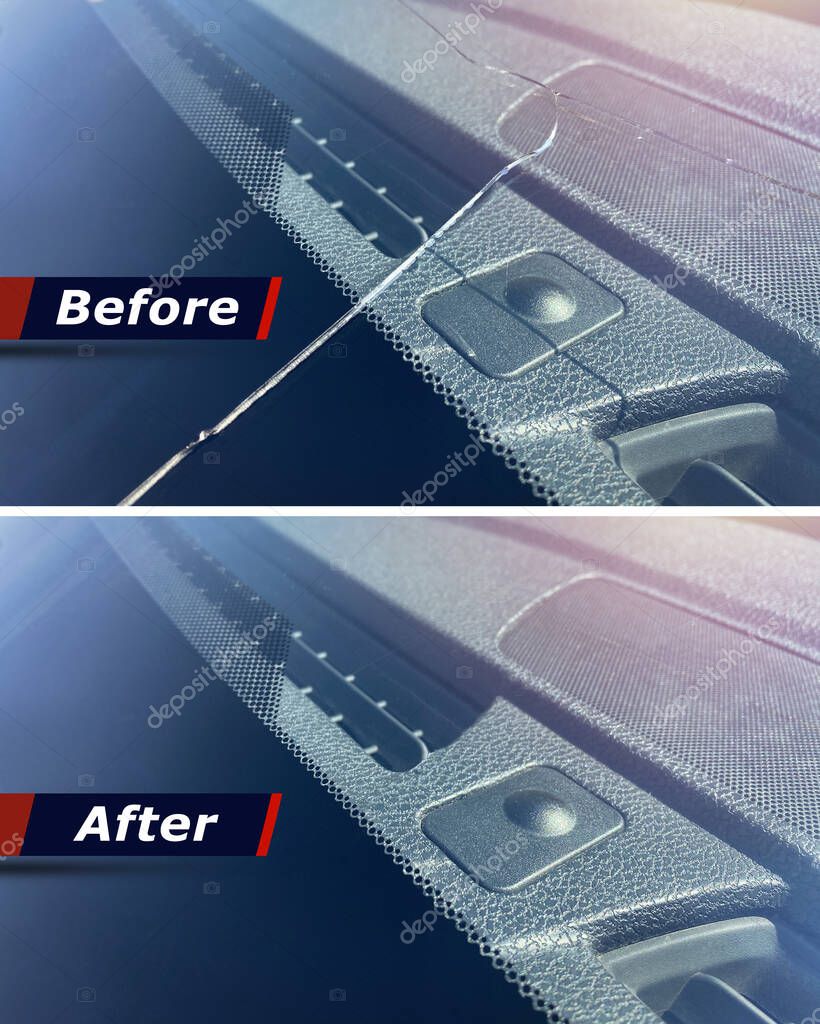 Reparación de parabrisas. Efecto Antes y después de la reparación de un ...