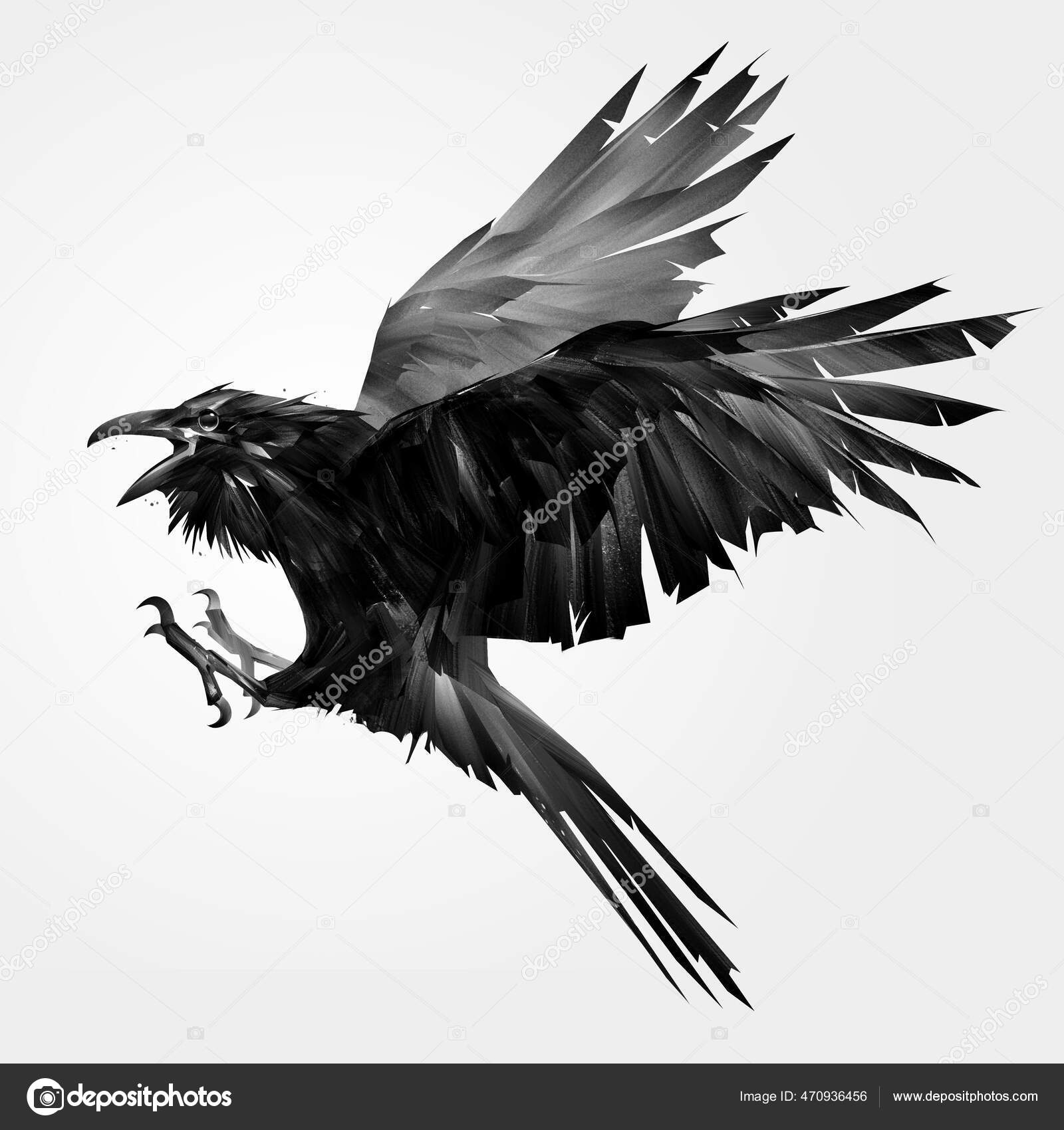 Painted monochrome bird raven in flight with open beak Stock Photo by ...